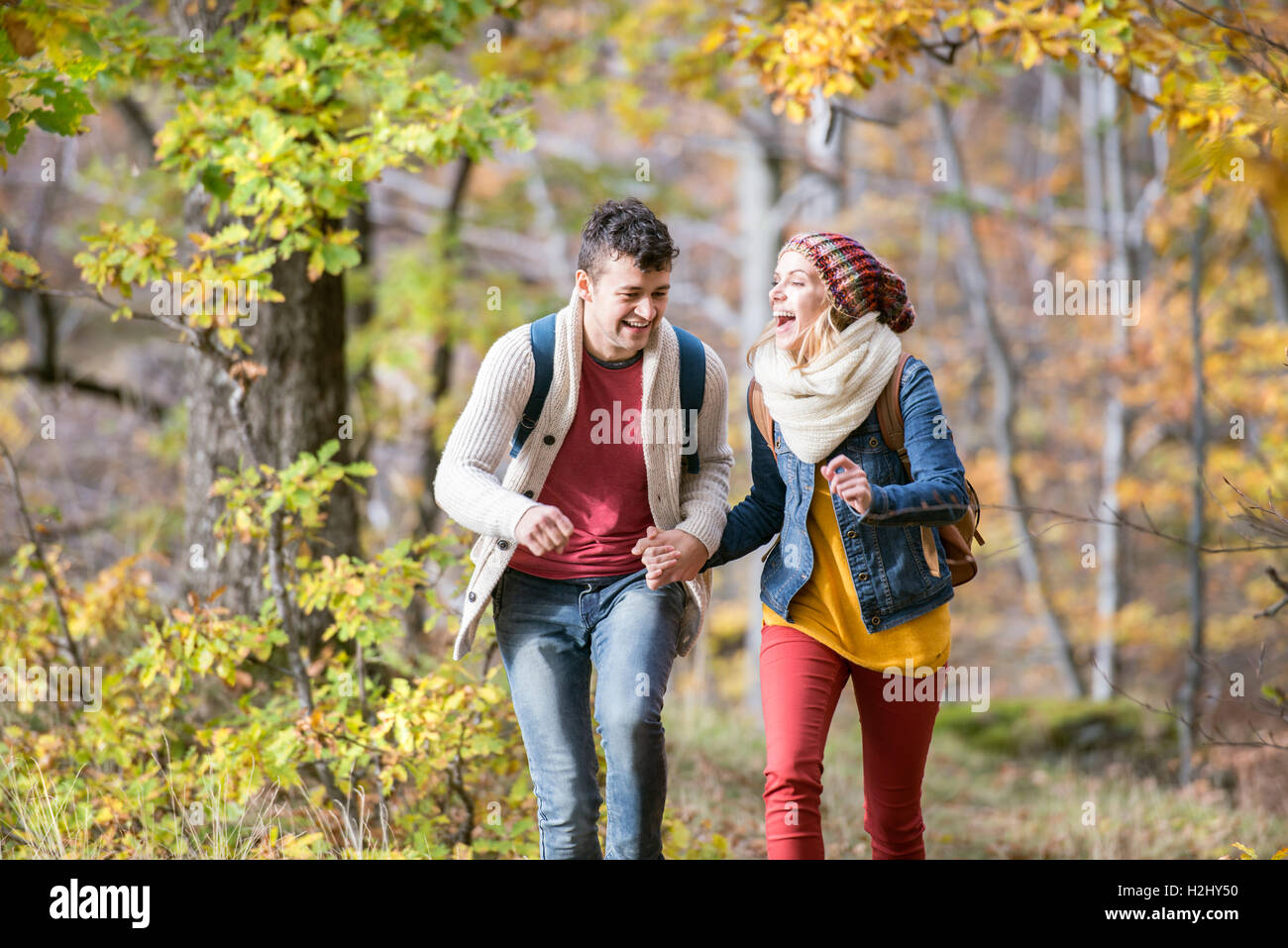 Beautiful couple on a walk in sunny autumn forest Stock Photo - Alamy