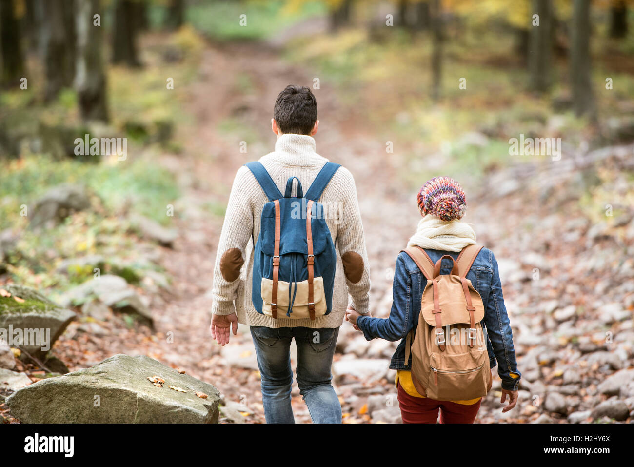 Beautiful couple on a walk in autumn forest Stock Photo - Alamy