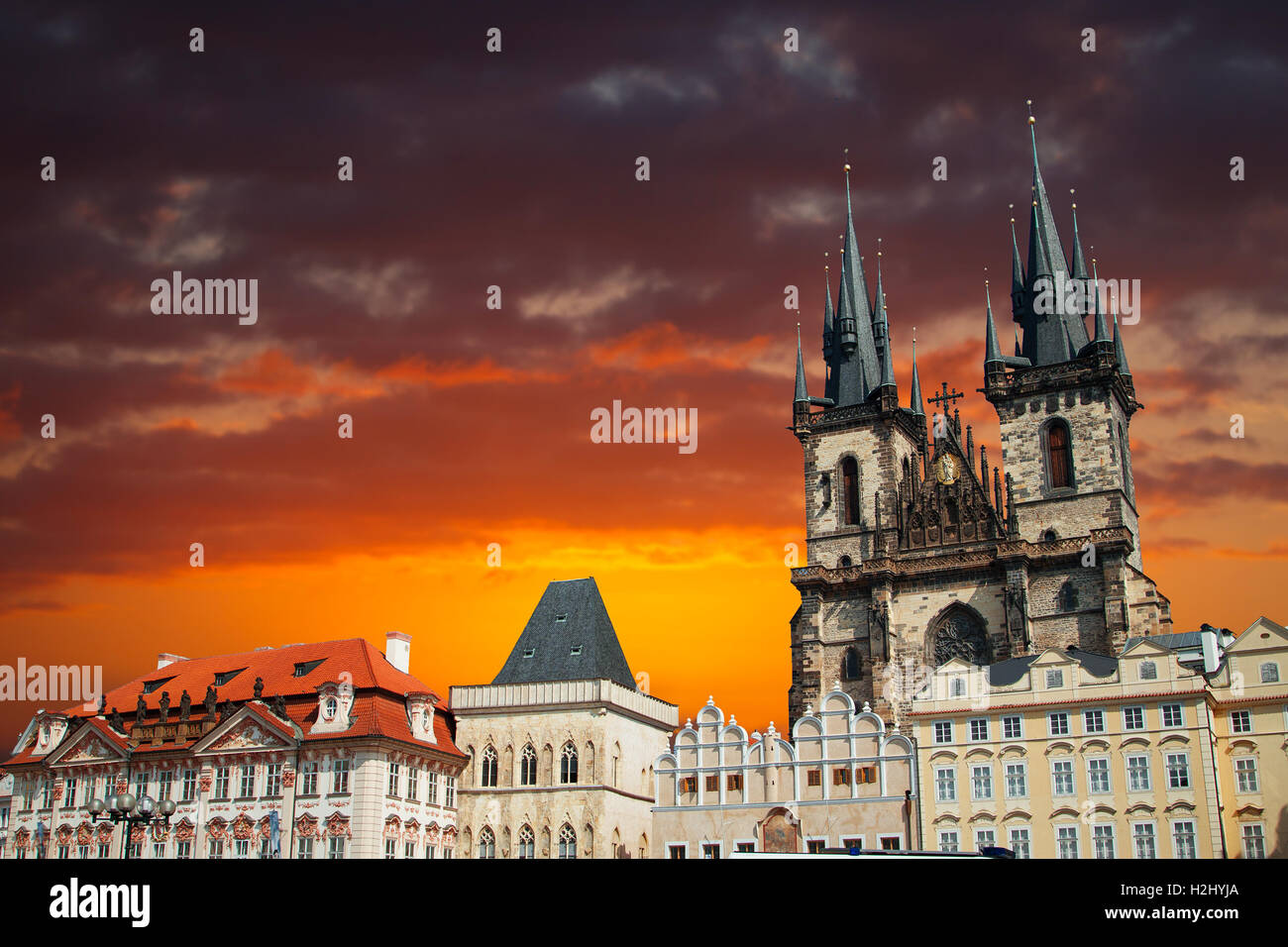 Prague Old town square, Tyn Cathedral. under sunlight Stock Photo - Alamy