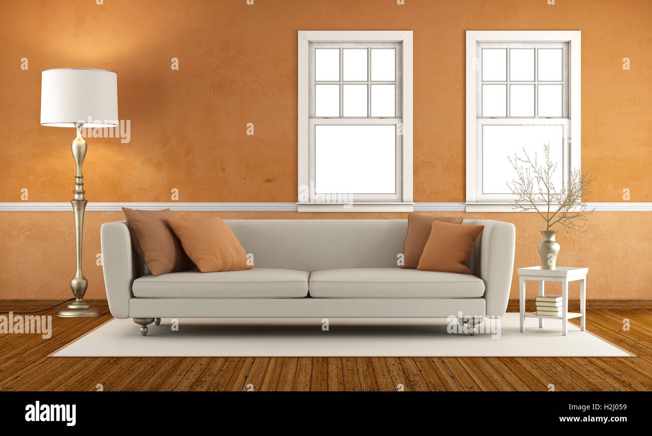 Retro living room double hung windows sofa wall hi-res stock ...