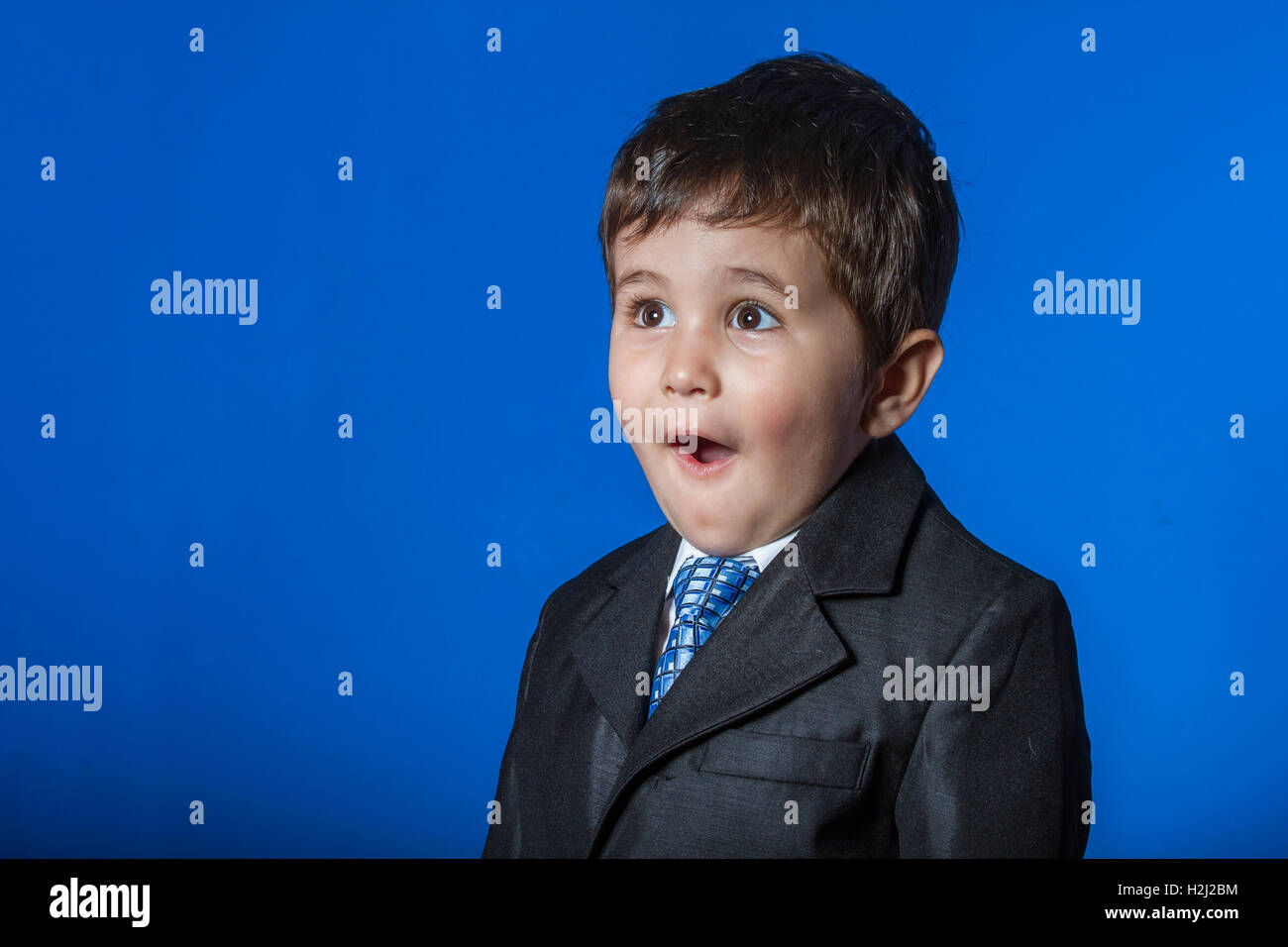 Leader, cute little boy portrait over blue chroma background Stock ...