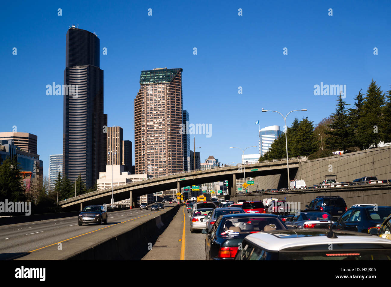 Interstate 5 Highway Cuts Downtown Seattle Skyline During Rush Hour ...