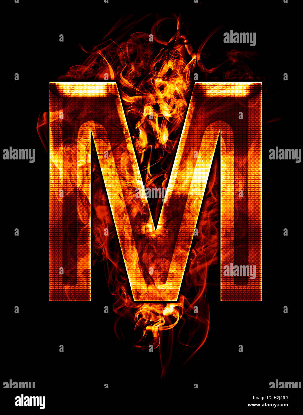 m, illustration of letter with chrome effects and red fire on b Stock ...