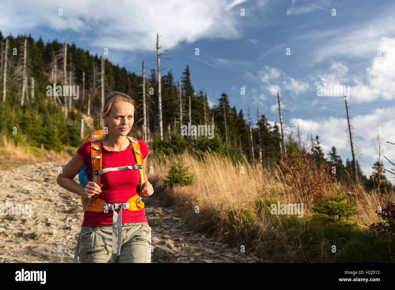 Pretty, female hiker going downhill in warm evening light Stock Photo ...