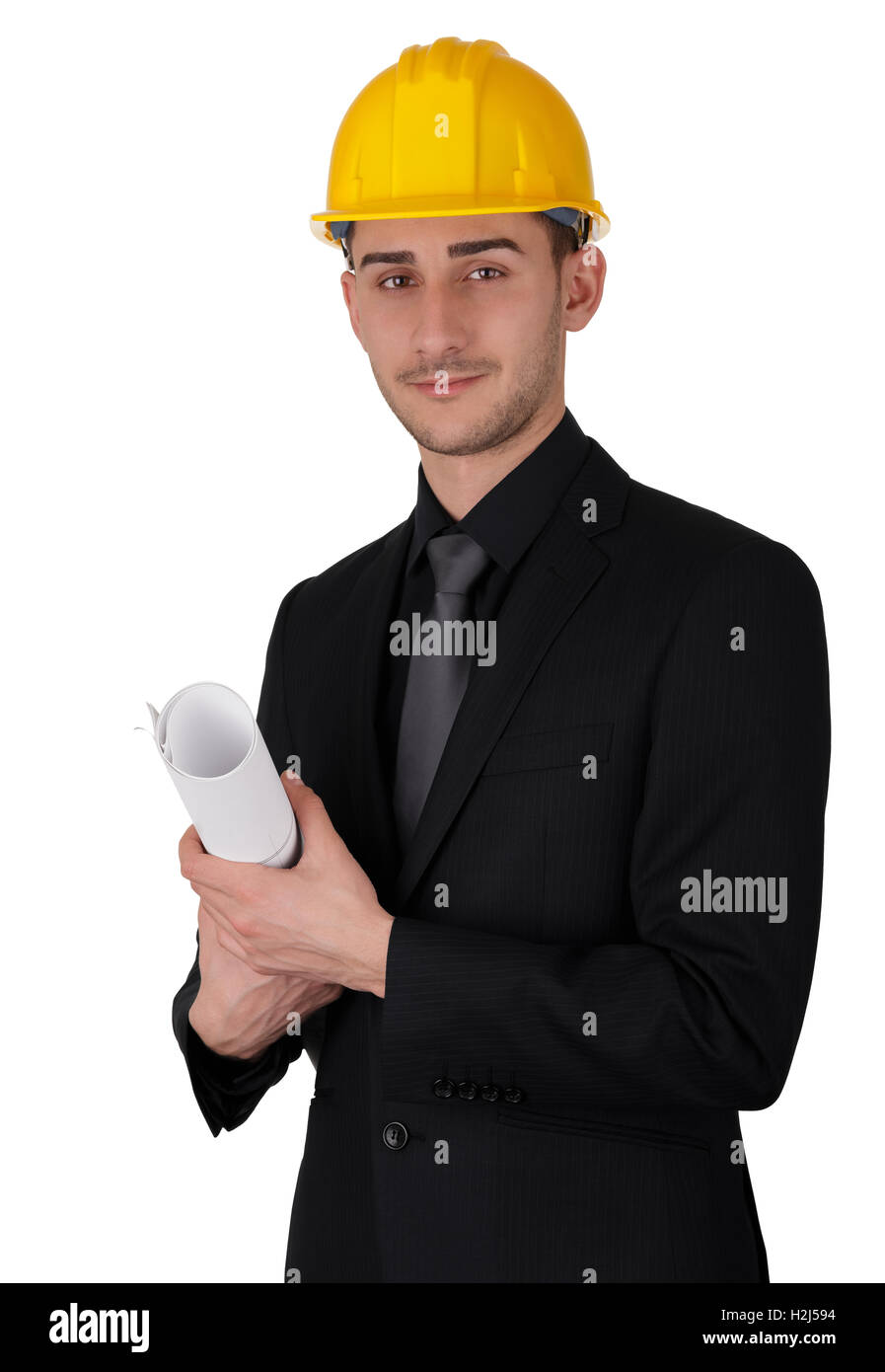 Man with Hard Hat Holding Rolled Up Blueprints Stock Photo - Alamy