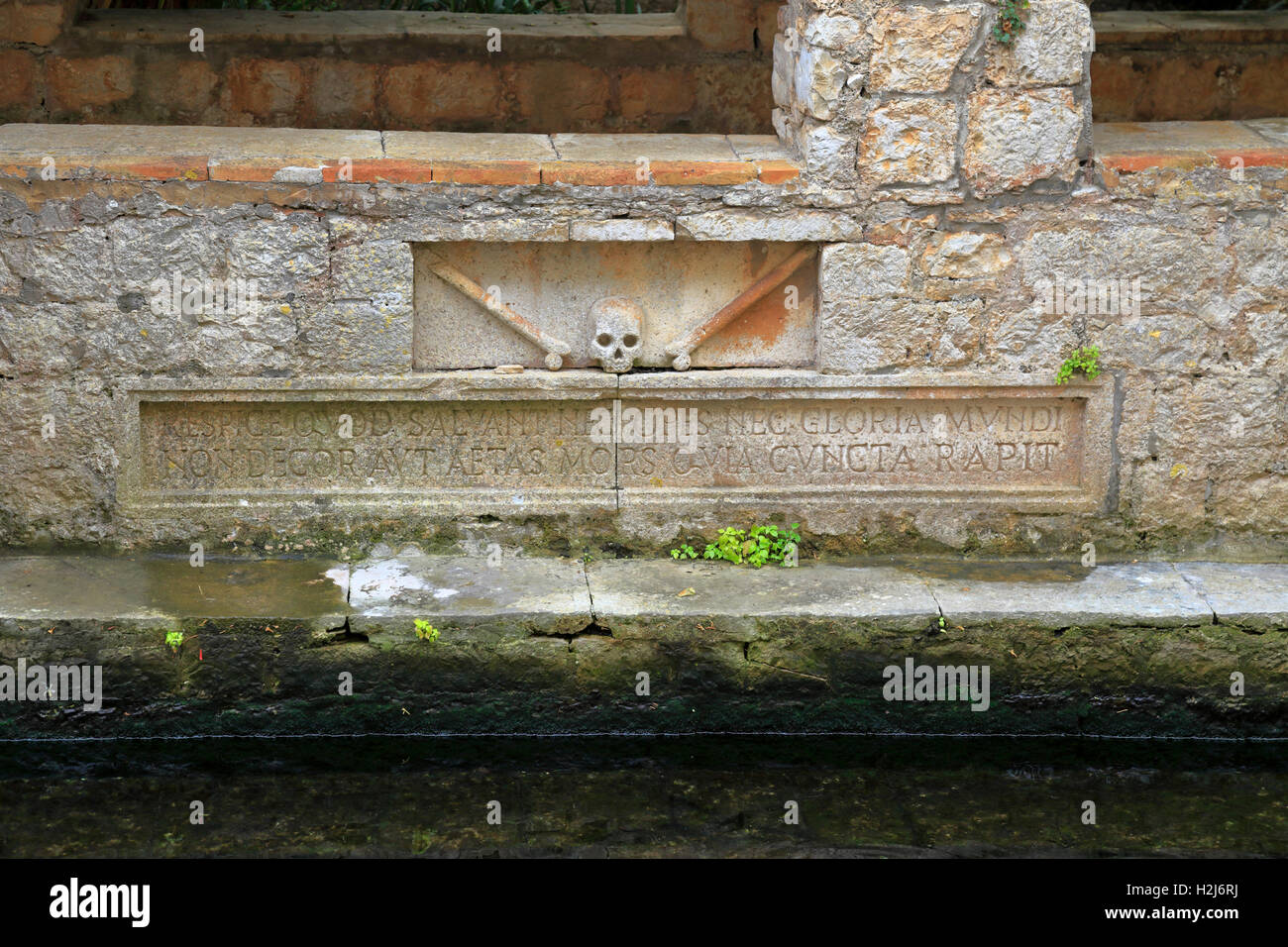 Skull motif and inscription on the fishpond wall, Tvrdalj Castle, Stari ...