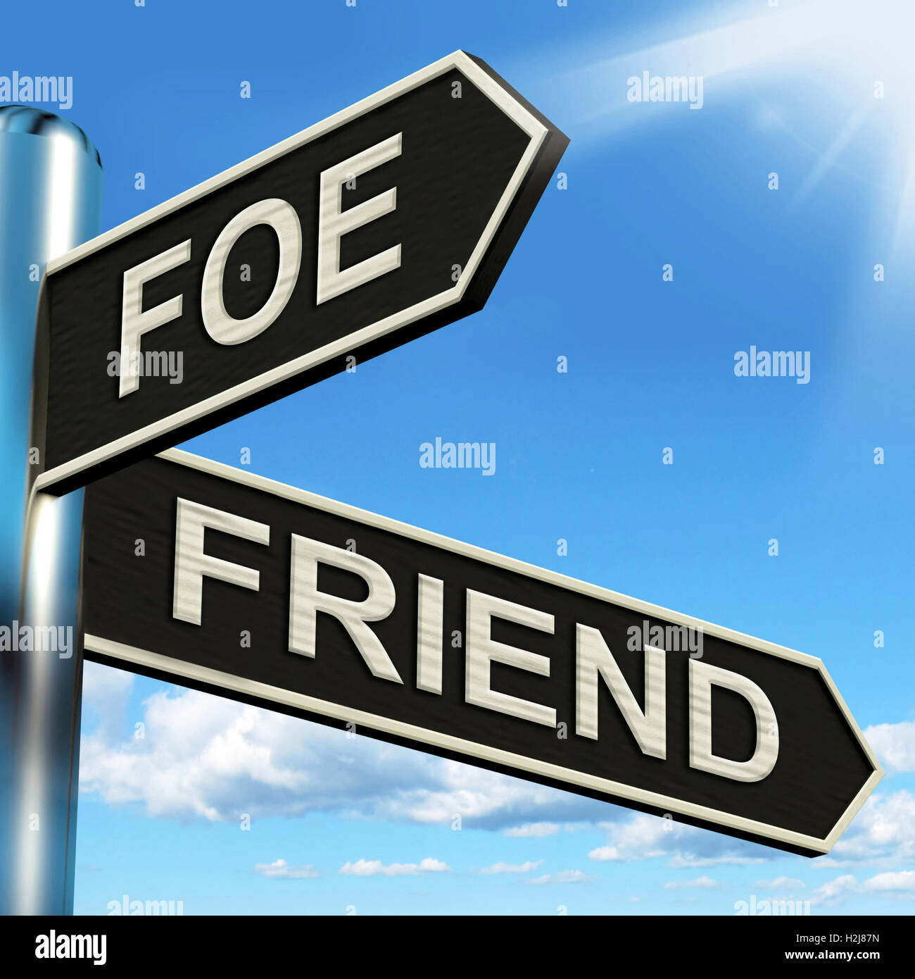 Foe Friend Signpost Means Enemy Or Ally Stock Photo - Alamy