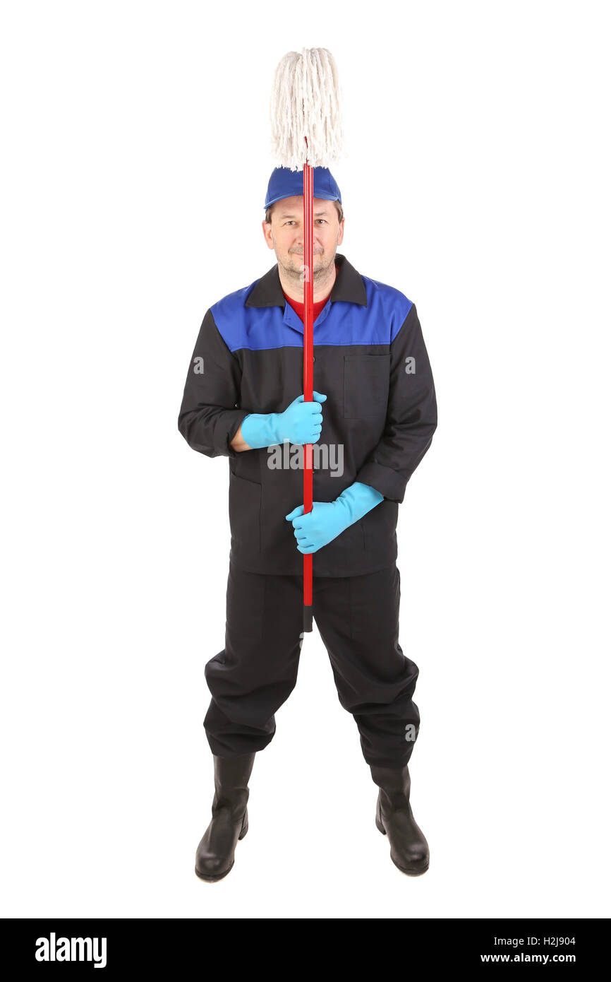 Man holding mop Stock Photo - Alamy