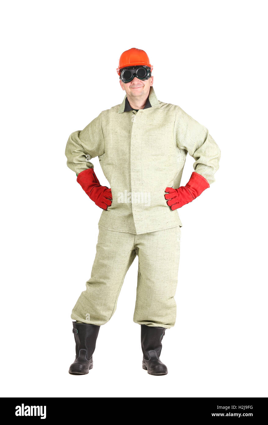 Smiling welder in glasses and red helmet Stock Photo - Alamy