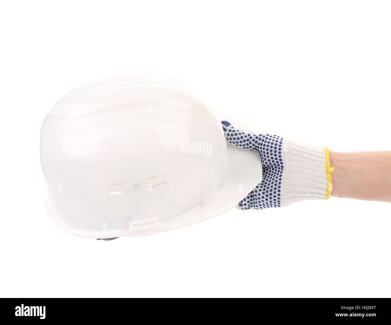 Hand holding white hard hat Stock Photo - Alamy
