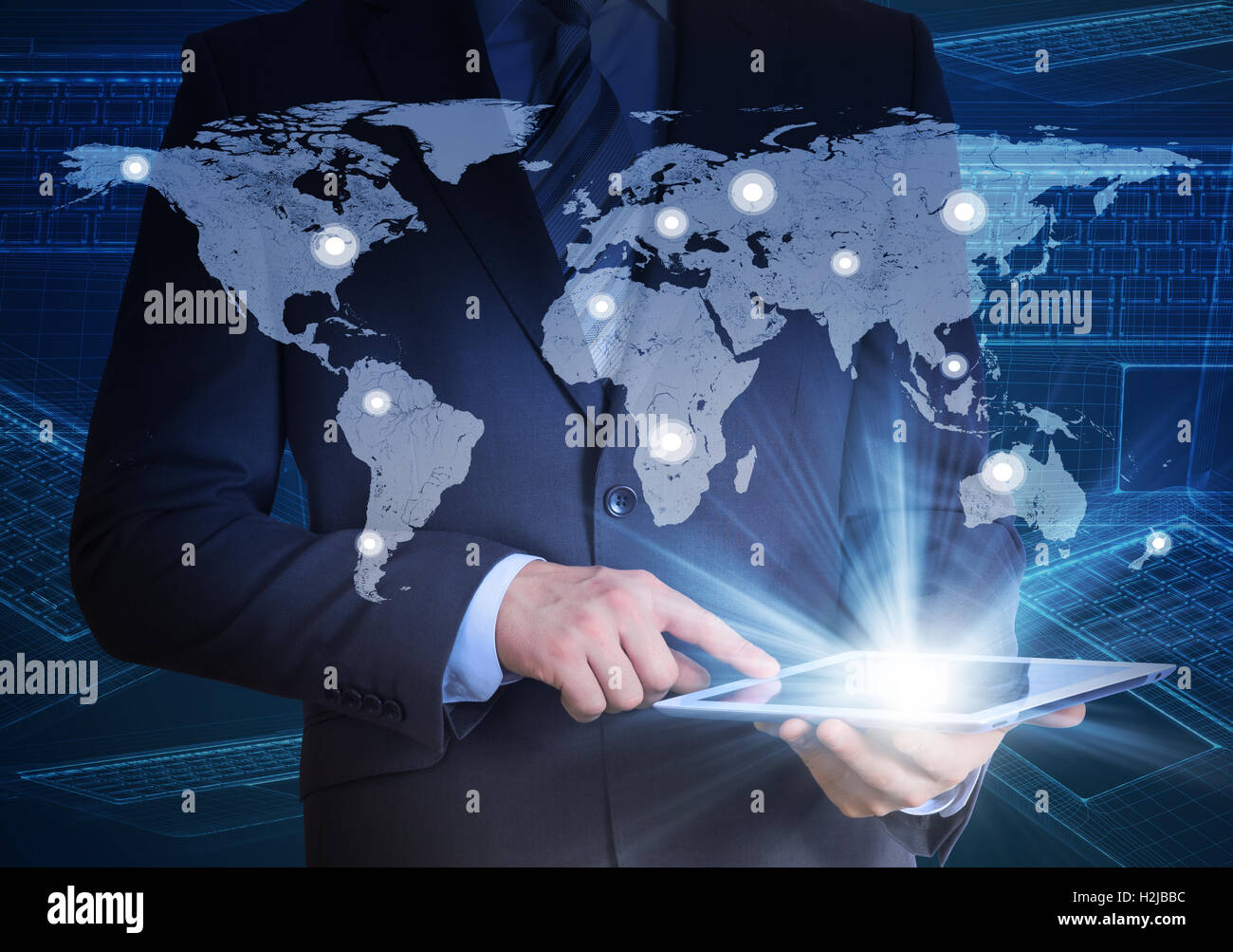 Man in suit, world map and contacts Stock Photo - Alamy