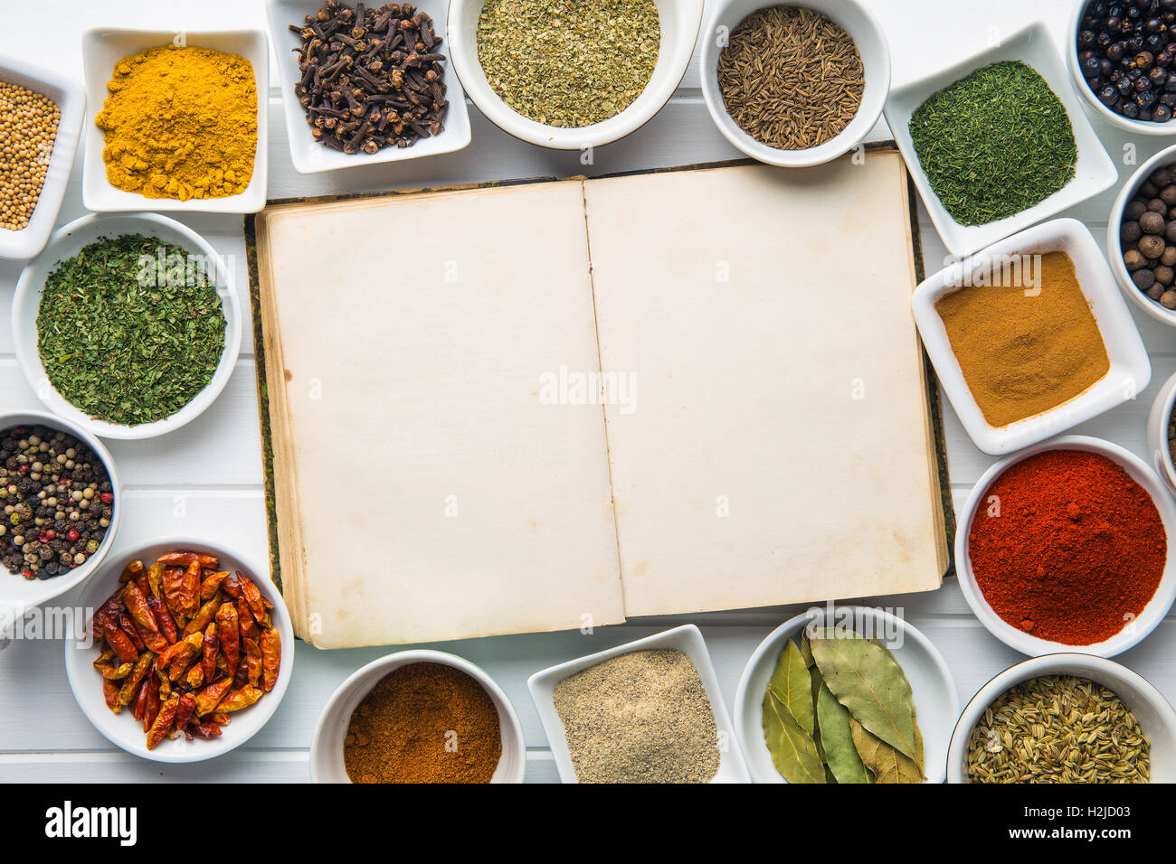 Blank cookbook and various spices and herbs. Top view Stock Photo - Alamy