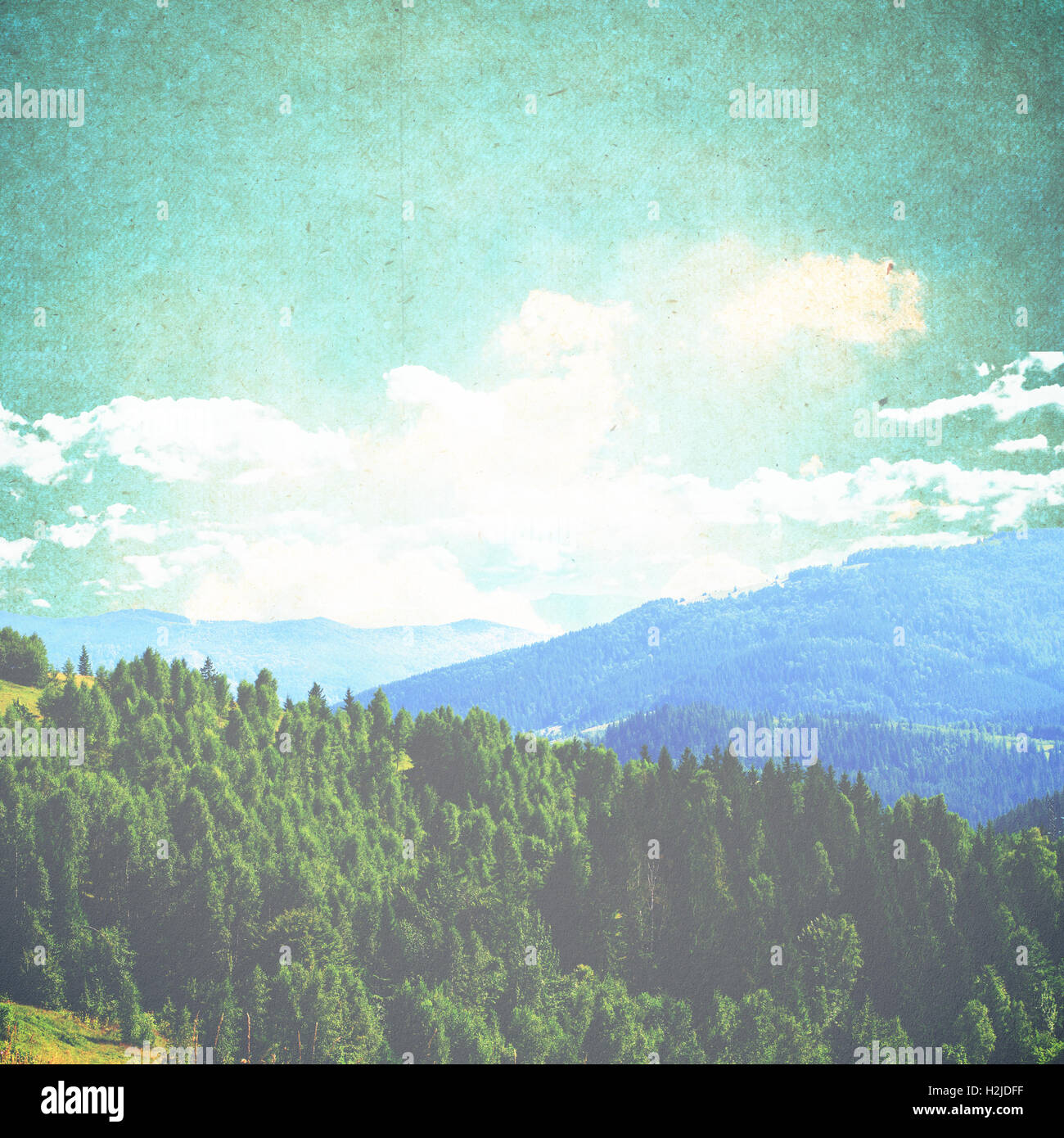 Fairy Tale Forest in Retro Style. Paper Vintage Textured. Mountain ...