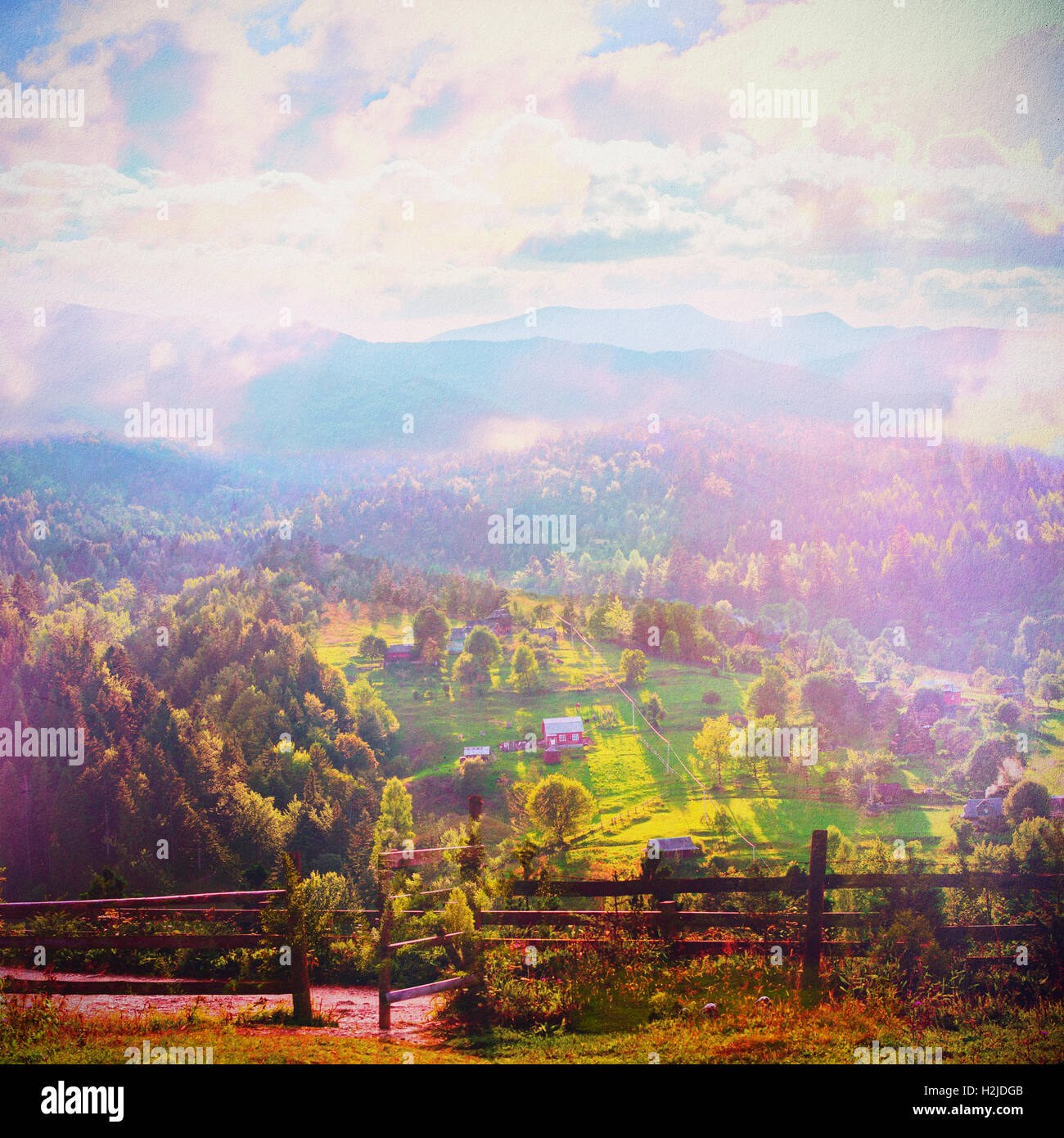 Fairy Tale Forest in Retro Style. Paper Vintage Textured. Mountain ...