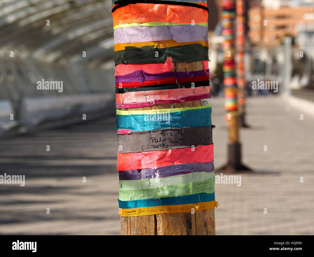 brightly coloured totem poles receding into the distance in shadows of ...
