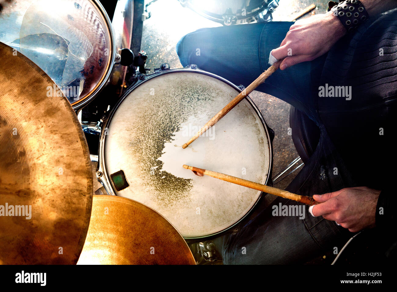 Man playing the drum.Live music background concept.Drummer and rock ...