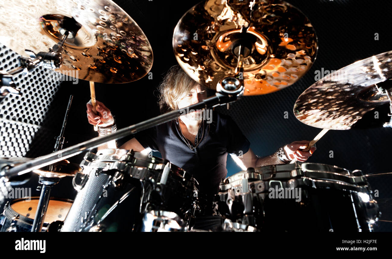 Man playing the drum.Live music background concept.Drummer and rock ...