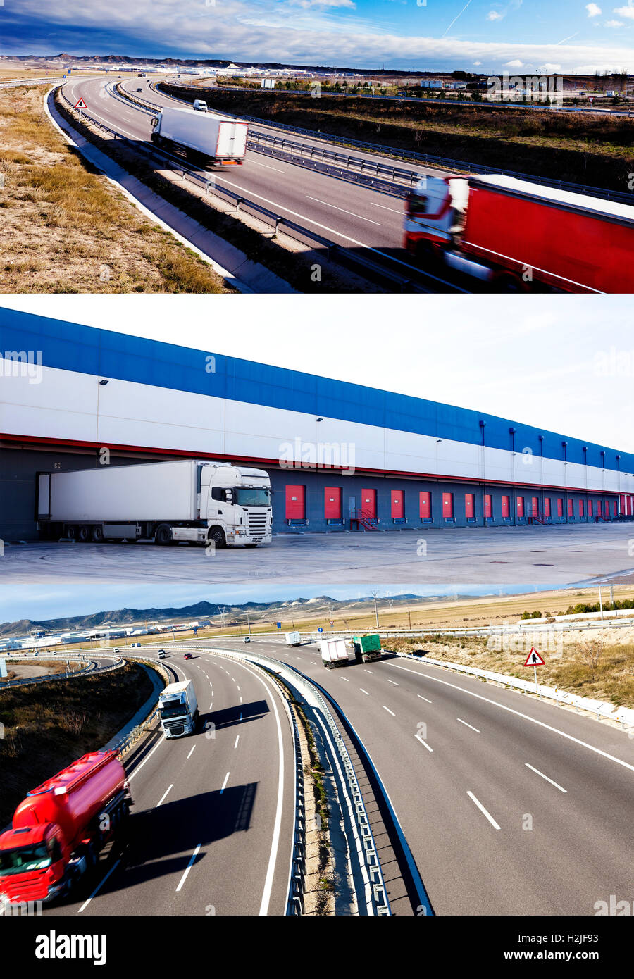Trucks and transport. Highway and delivering.Warehouse Stock Photo - Alamy