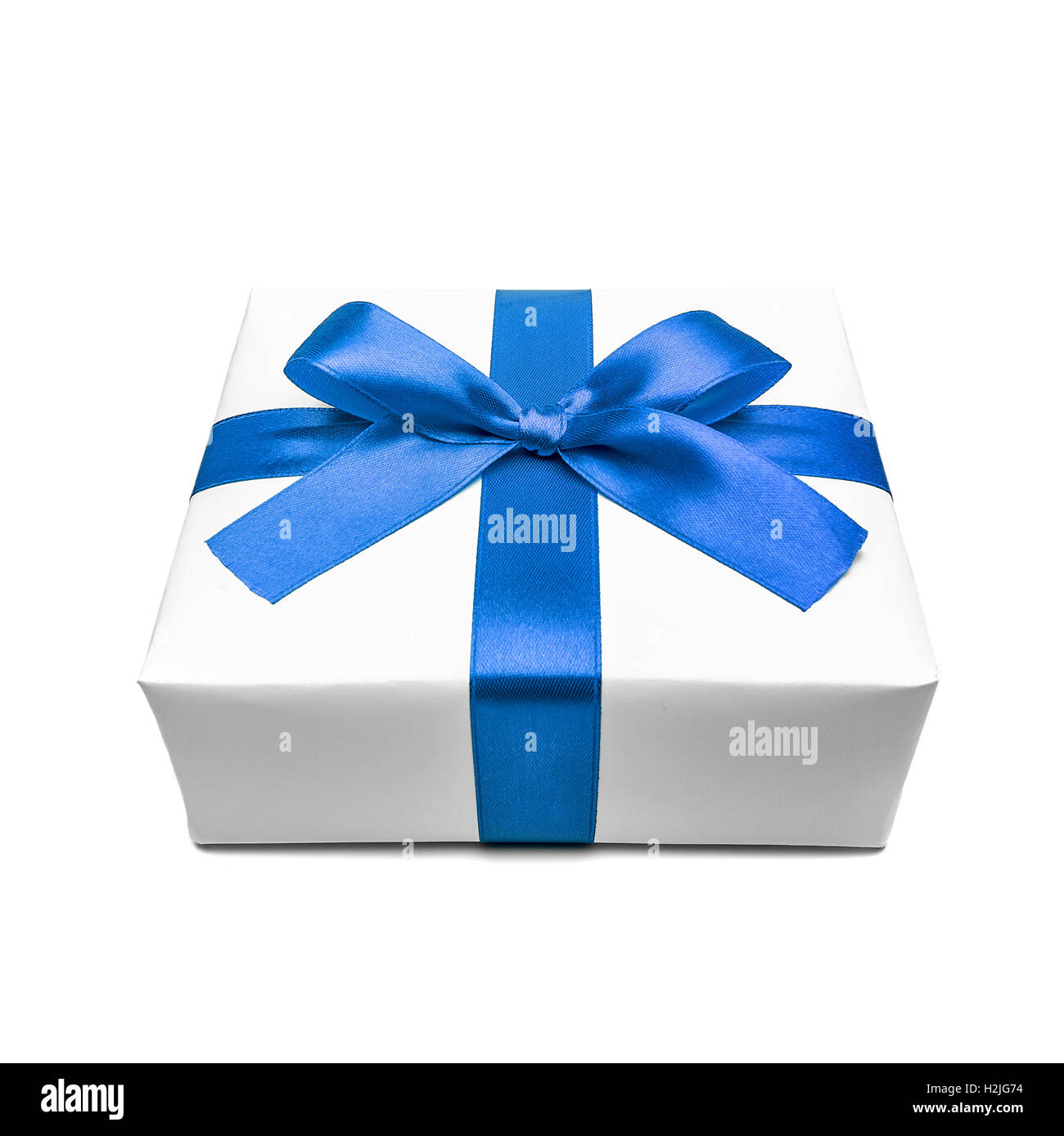White gift box with blue ribbon bow, isolated on white Stock Photo - Alamy