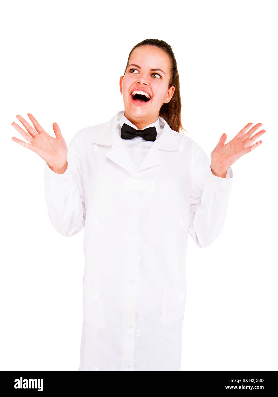 Woman in lab uniform with hands up in the air Stock Photo - Alamy