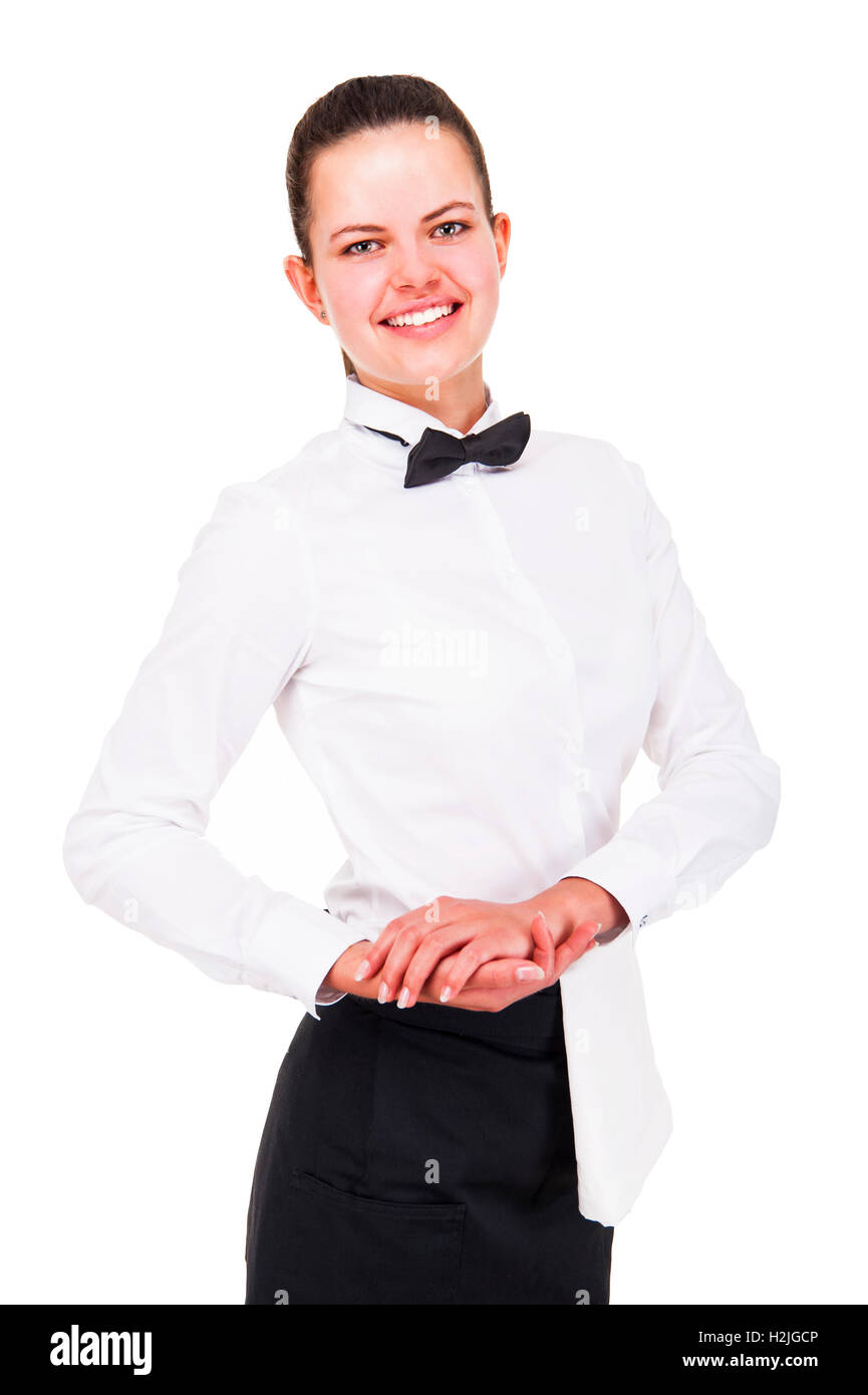 Young woman in waiter uniform isolated over white background Stock ...