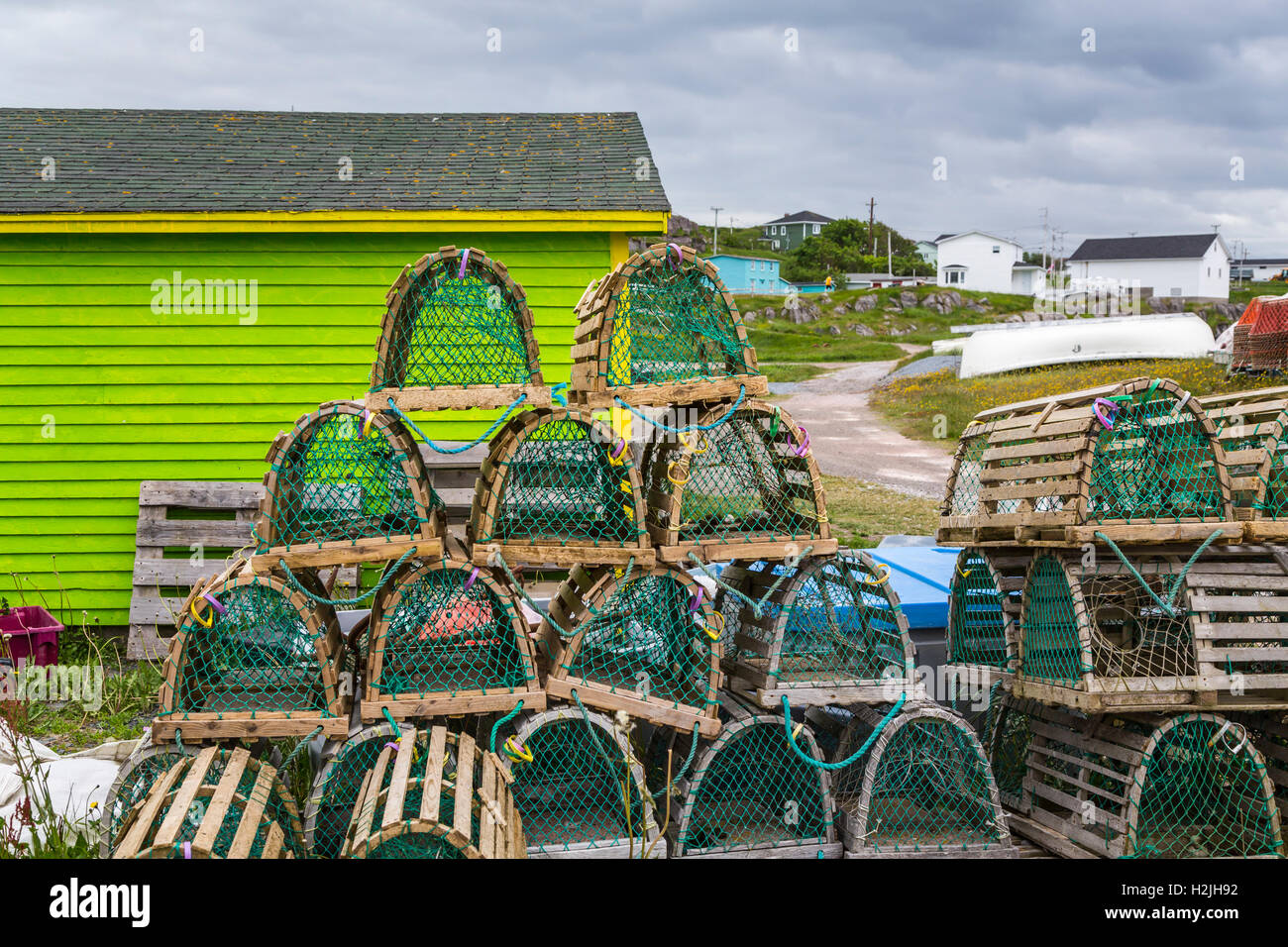 Fishing boats and colorful fishing stages in New Perlican, Newfoundland ...
