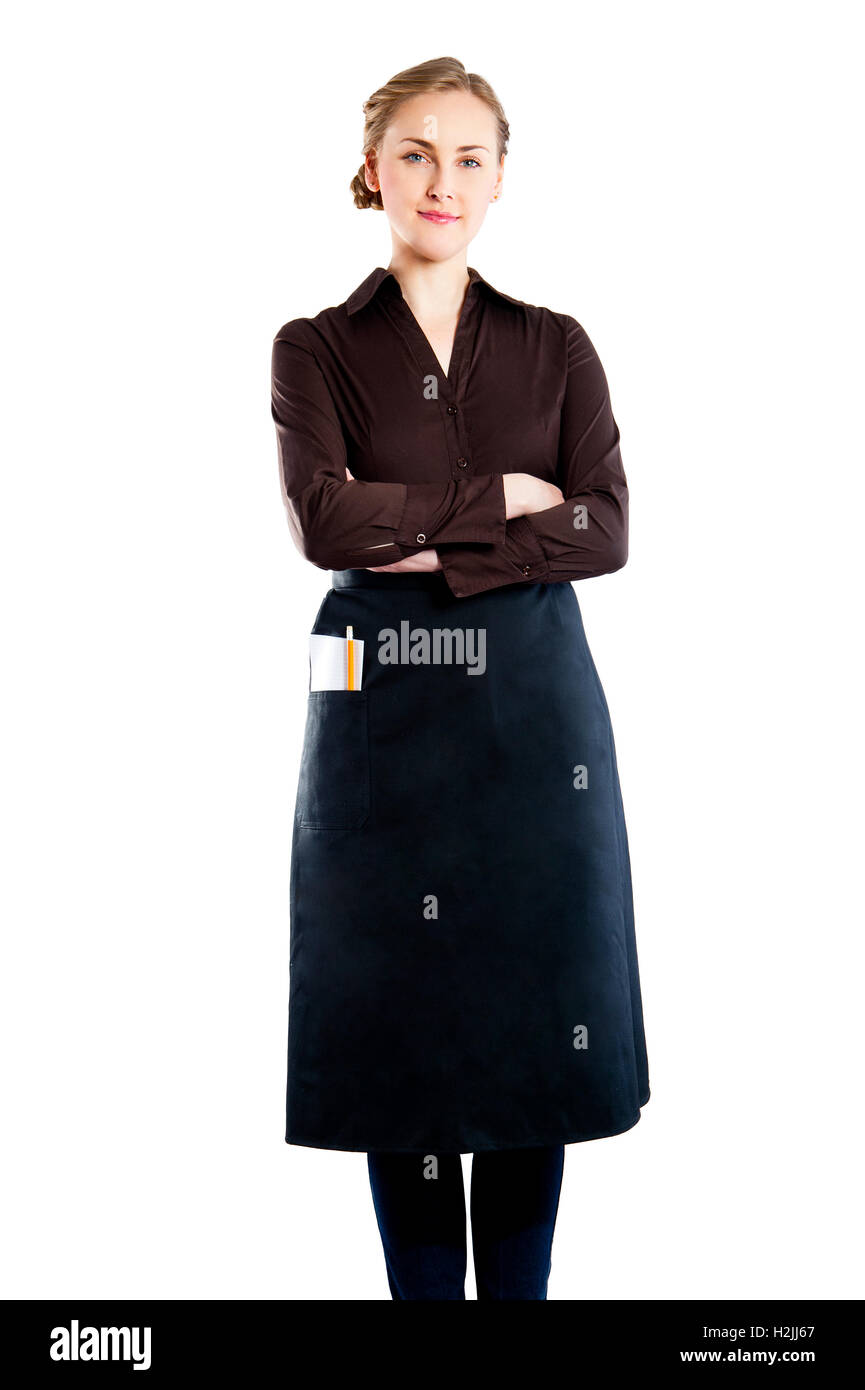 An attractive young waitress with a white background Stock Photo - Alamy