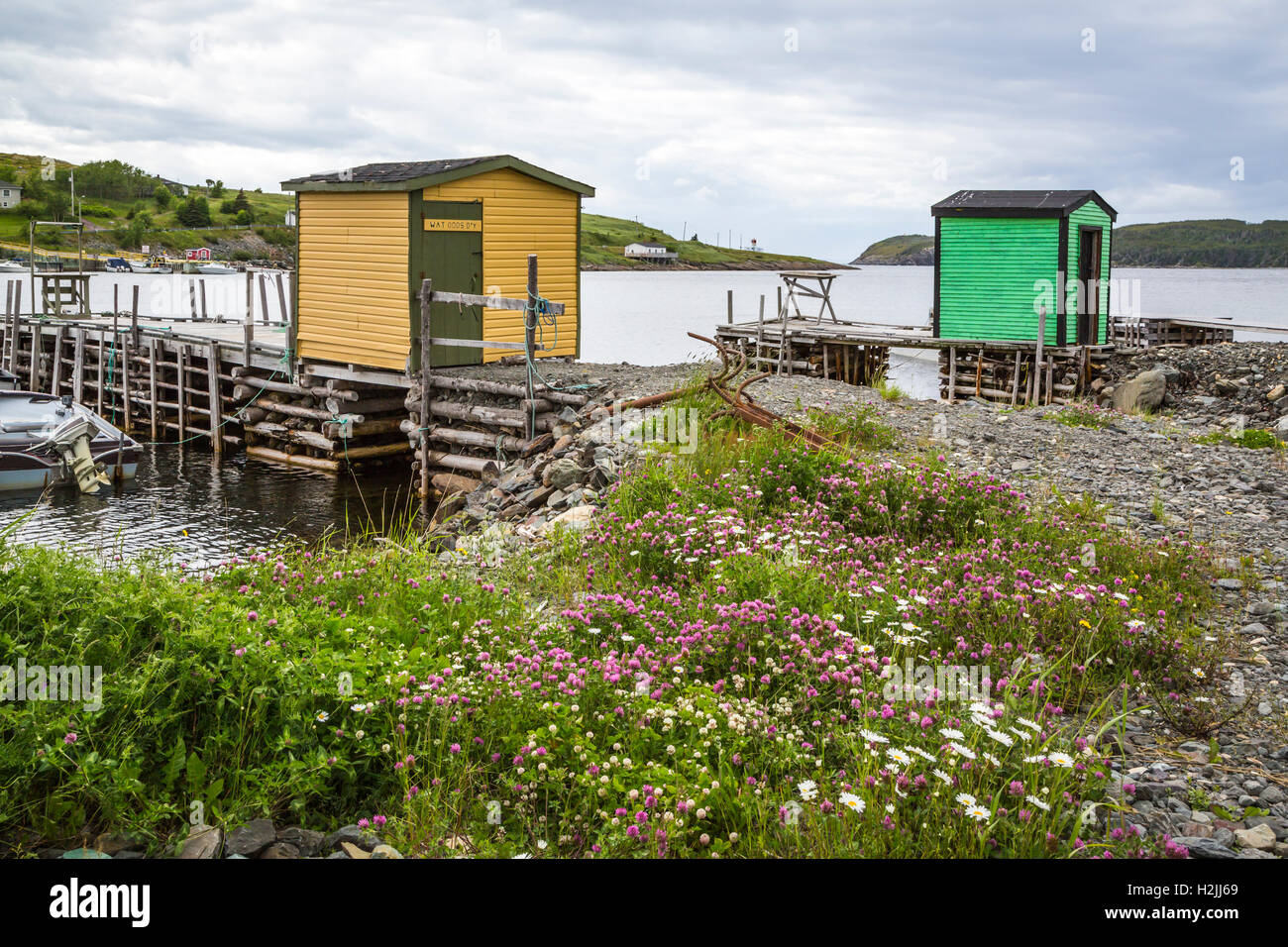 Fishing boats and colorful fishing stages in New Perlican, Newfoundland ...