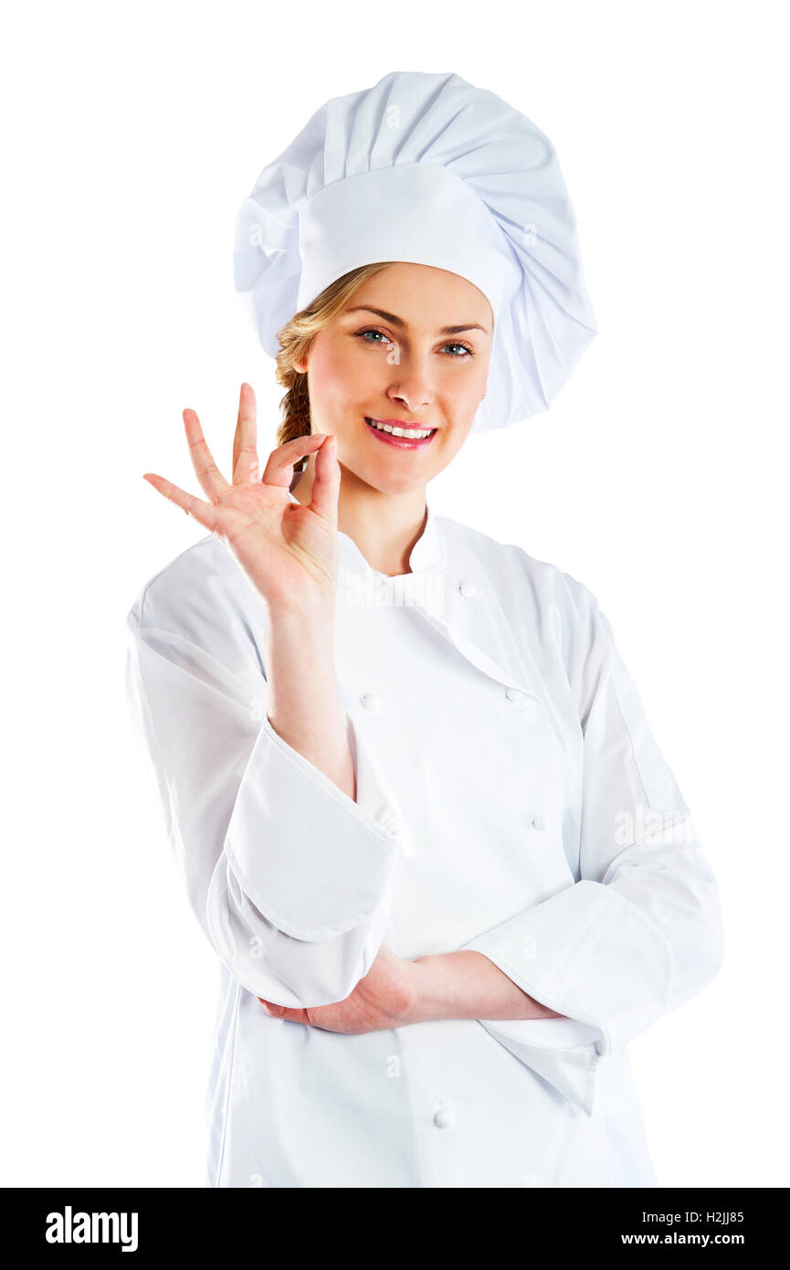 Chef woman giving a Perfect gesture with hand. Young beautiful female ...