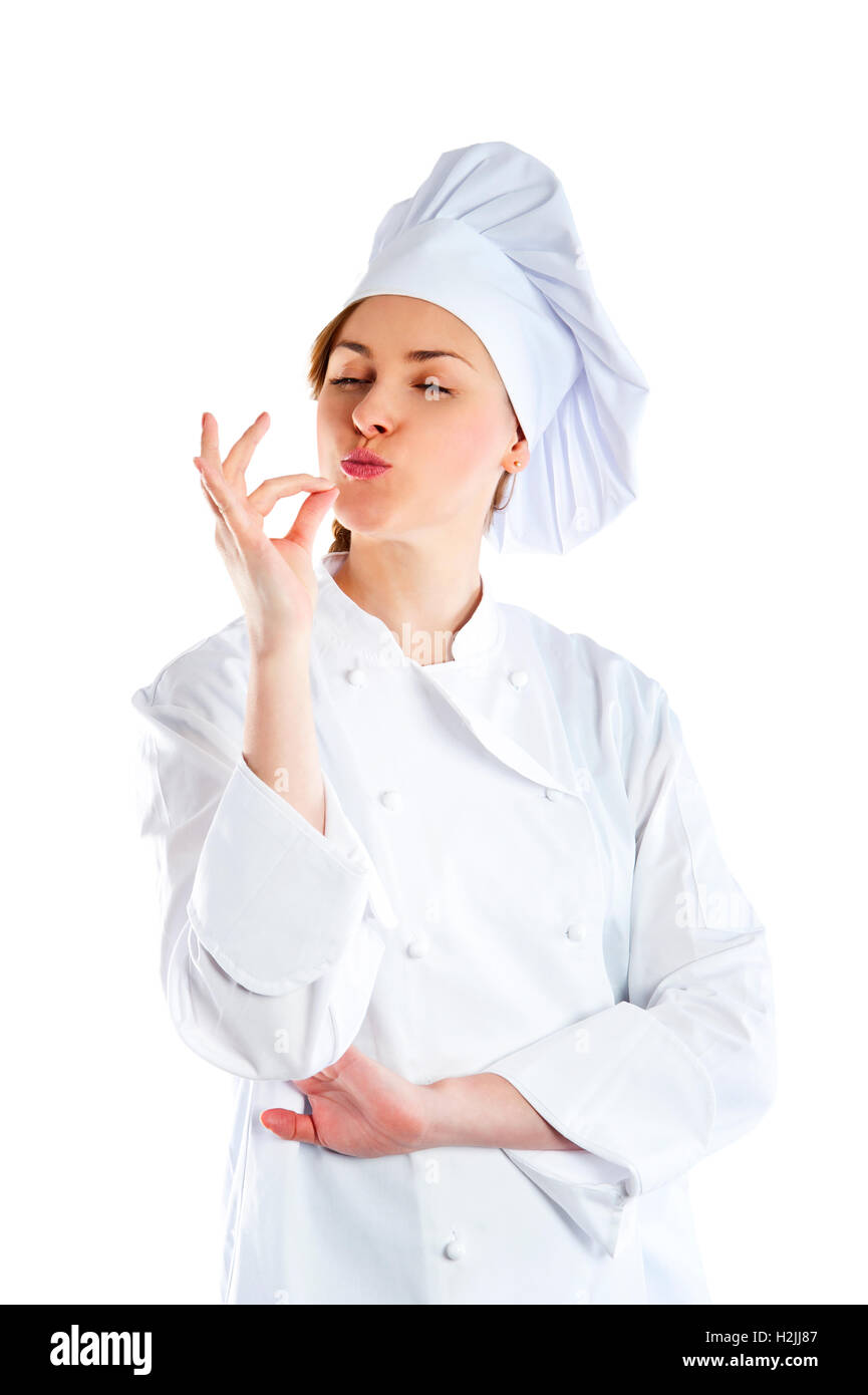 Chef woman giving a Perfect gesture with hand. Young beautiful female ...