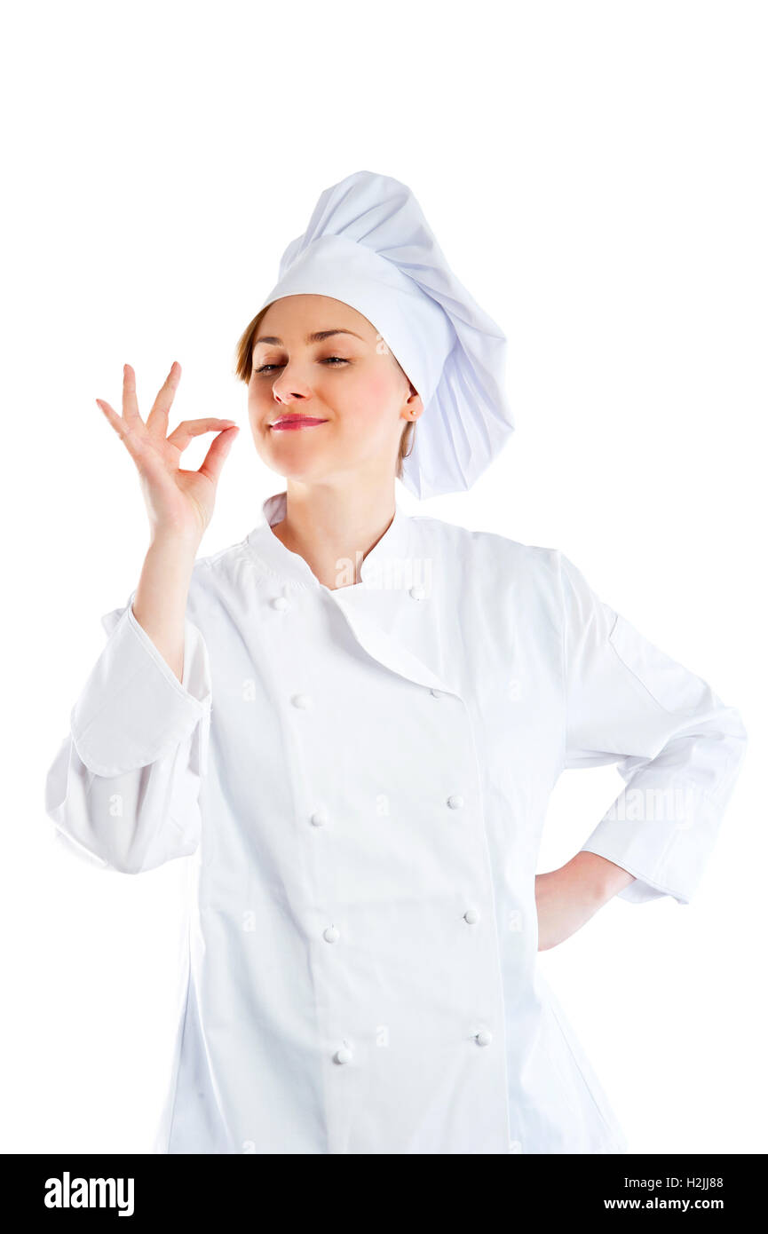 Chef woman giving a Perfect gesture with hand. Young beautiful female ...
