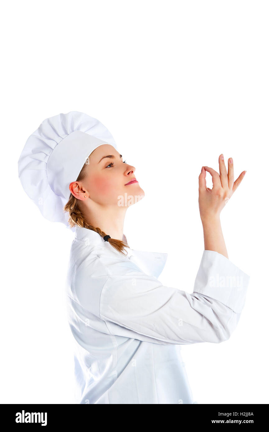 Chef woman giving a Perfect gesture with hand. Young beautiful female ...