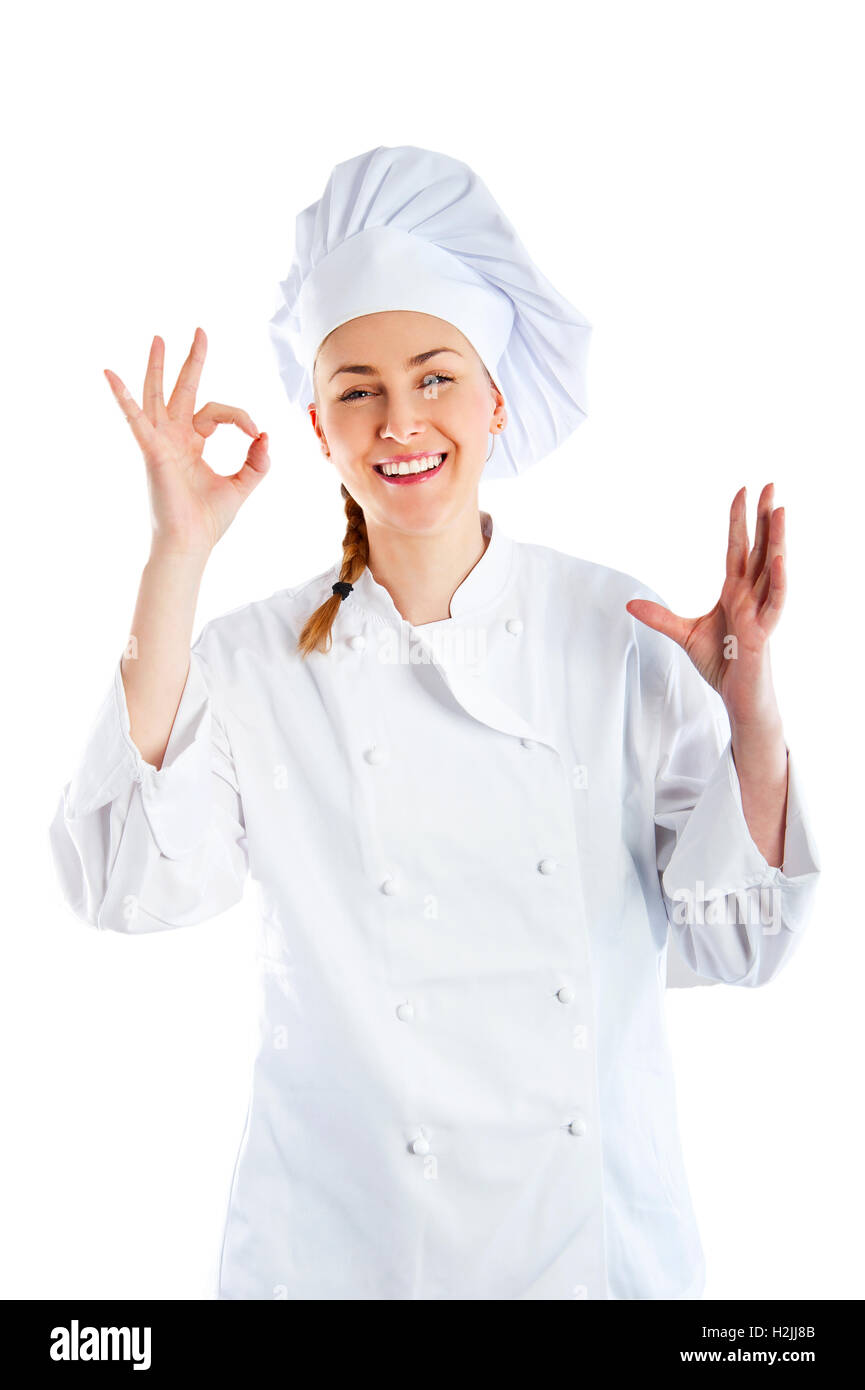 Chef woman giving a Perfect gesture with hand. Young beautiful female ...