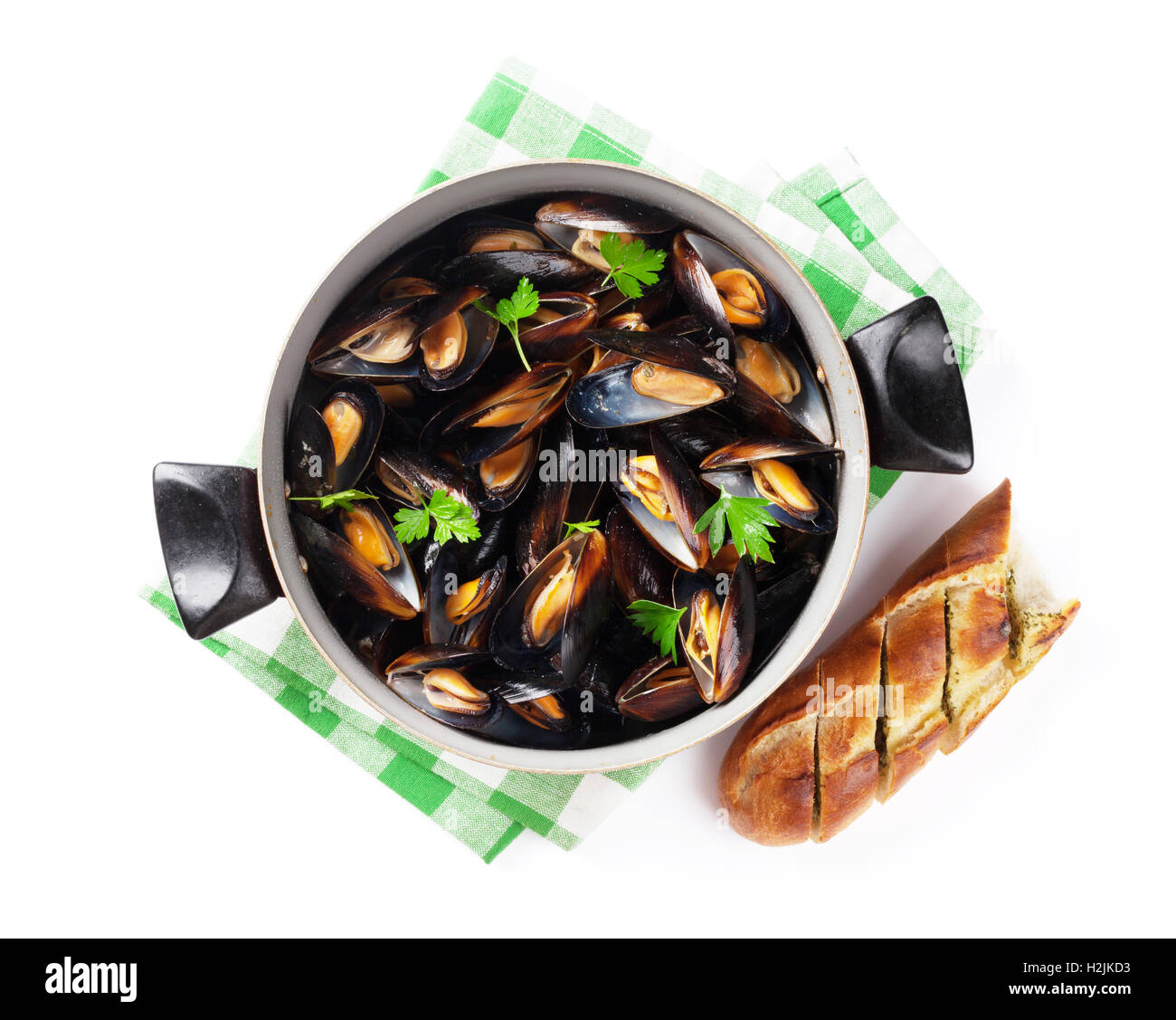 Mussels in copper pot and bread. Isolated on white background. Top view ...
