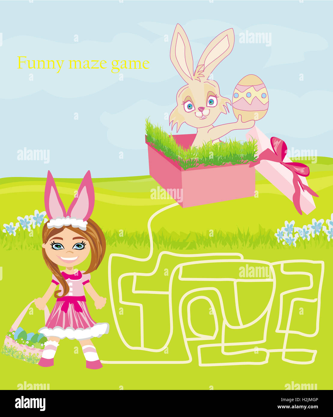 maze game - sweet girl and Easter Bunny Stock Photo - Alamy