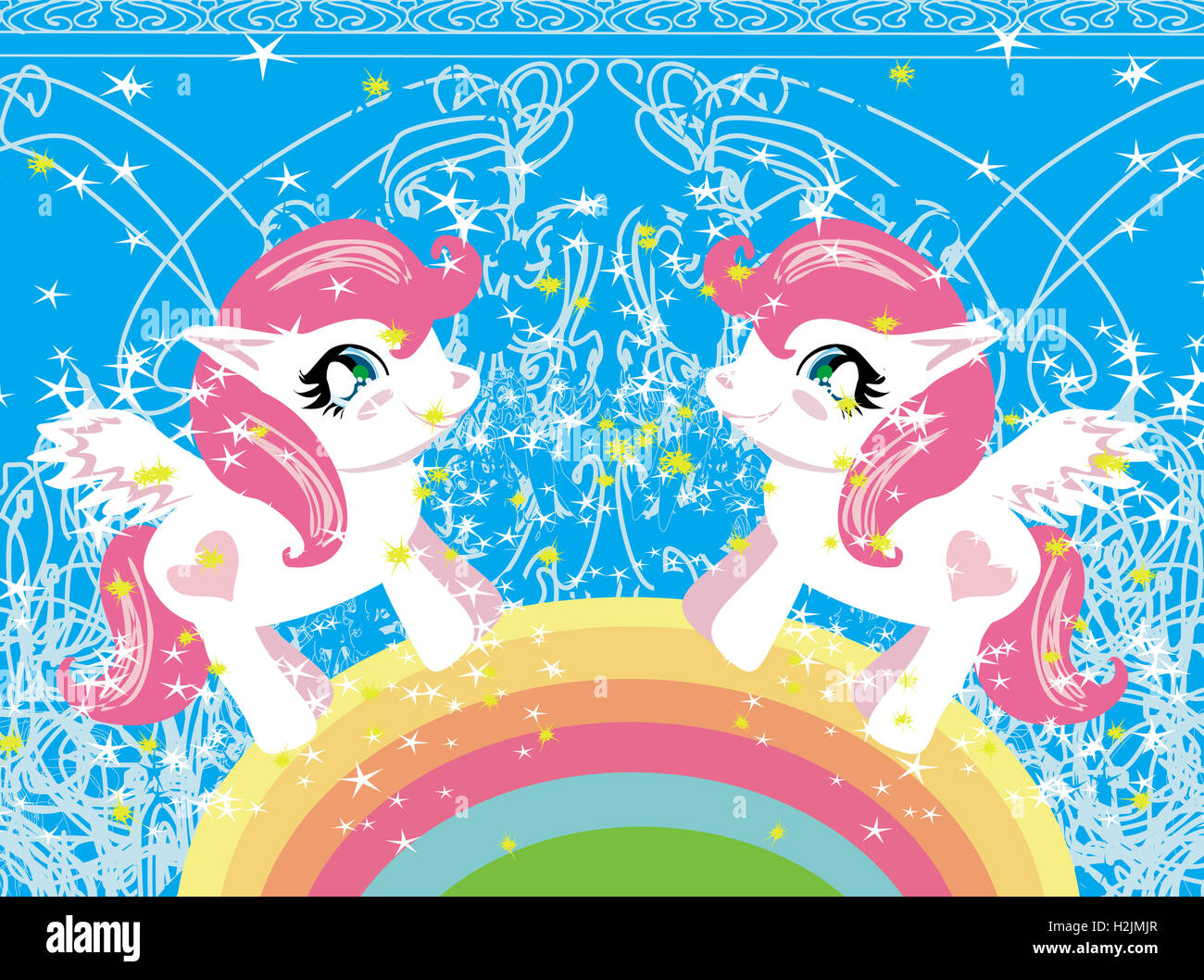 Card with a cute unicorns and rainbow Stock Photo - Alamy