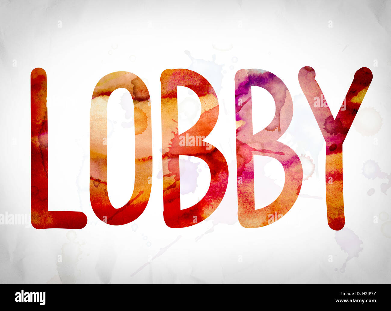 The word "Lobby" written in watercolor washes over a white paper ...