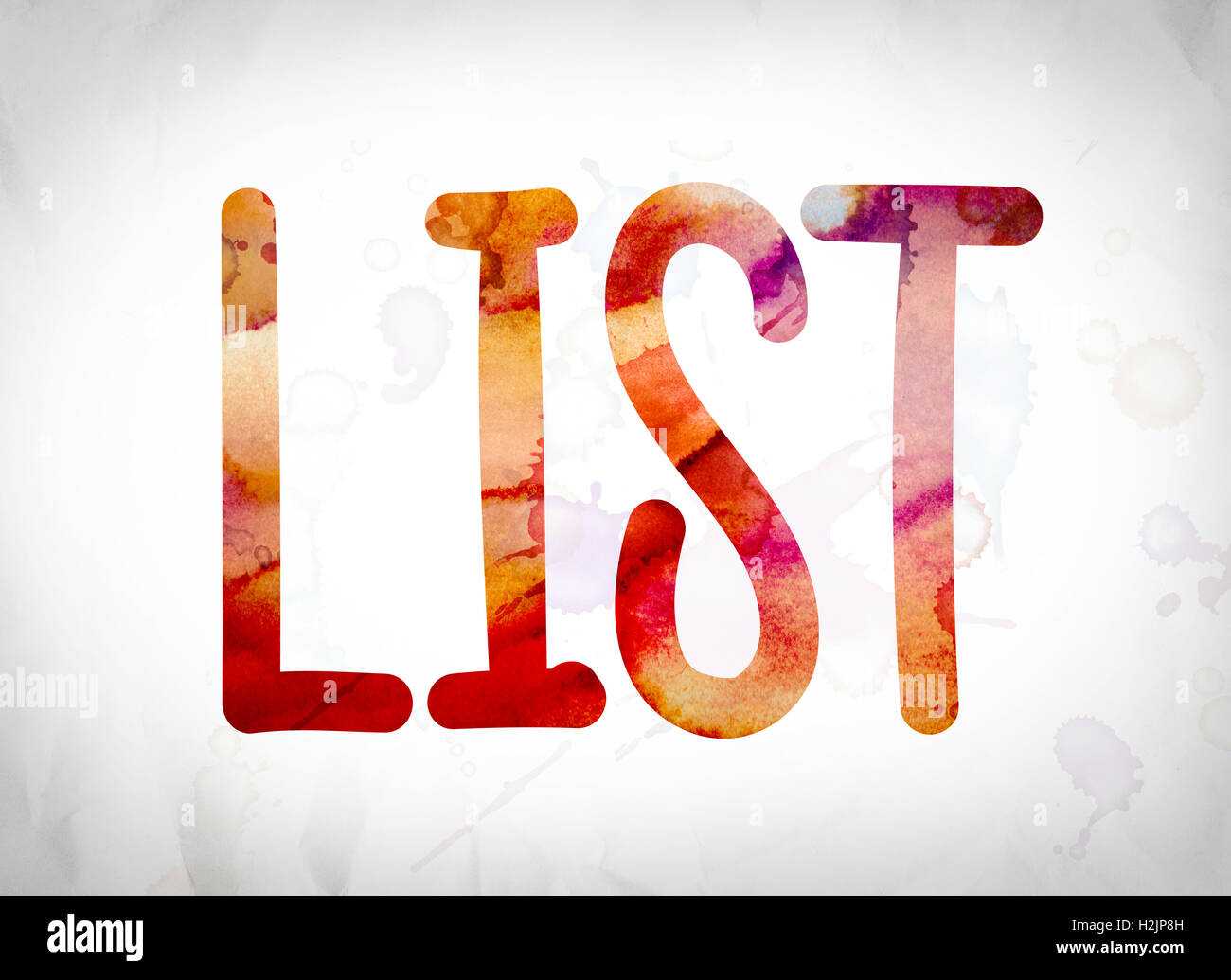 The word "List" written in watercolor washes over a white paper ...