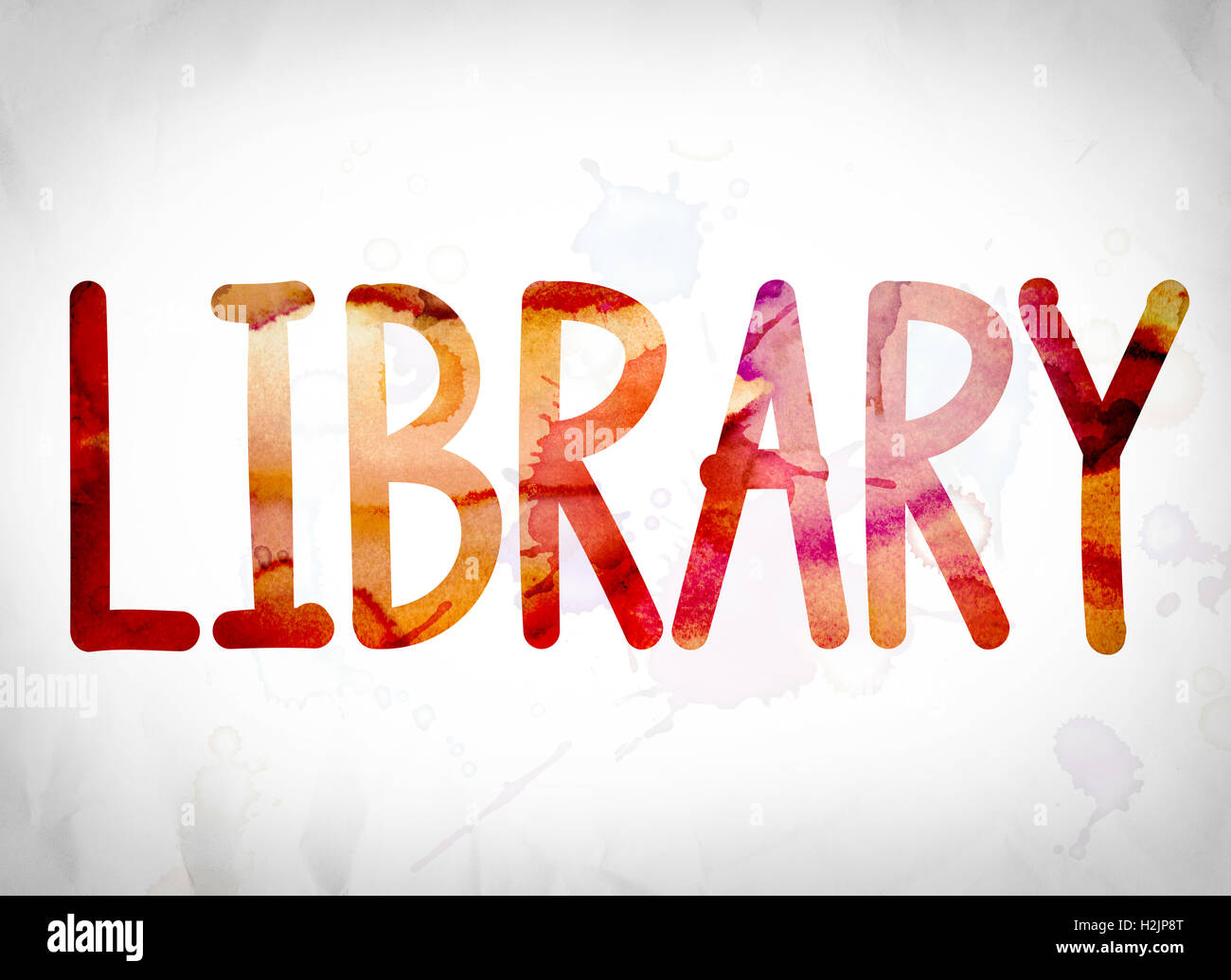 The word "Library" written in watercolor washes over a white paper ...