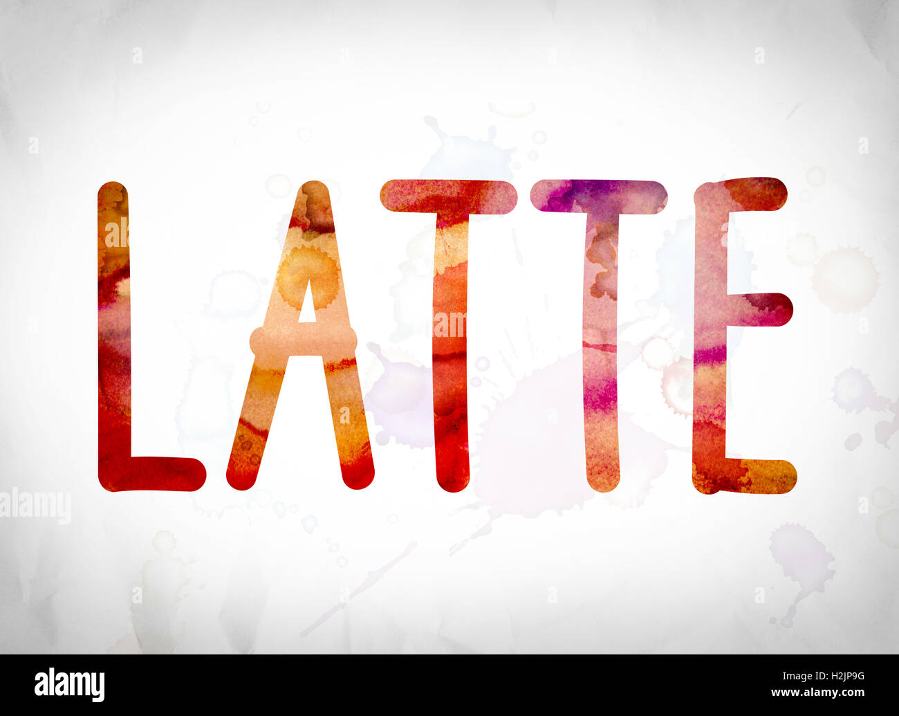 The word "Latte" written in watercolor washes over a white paper ...