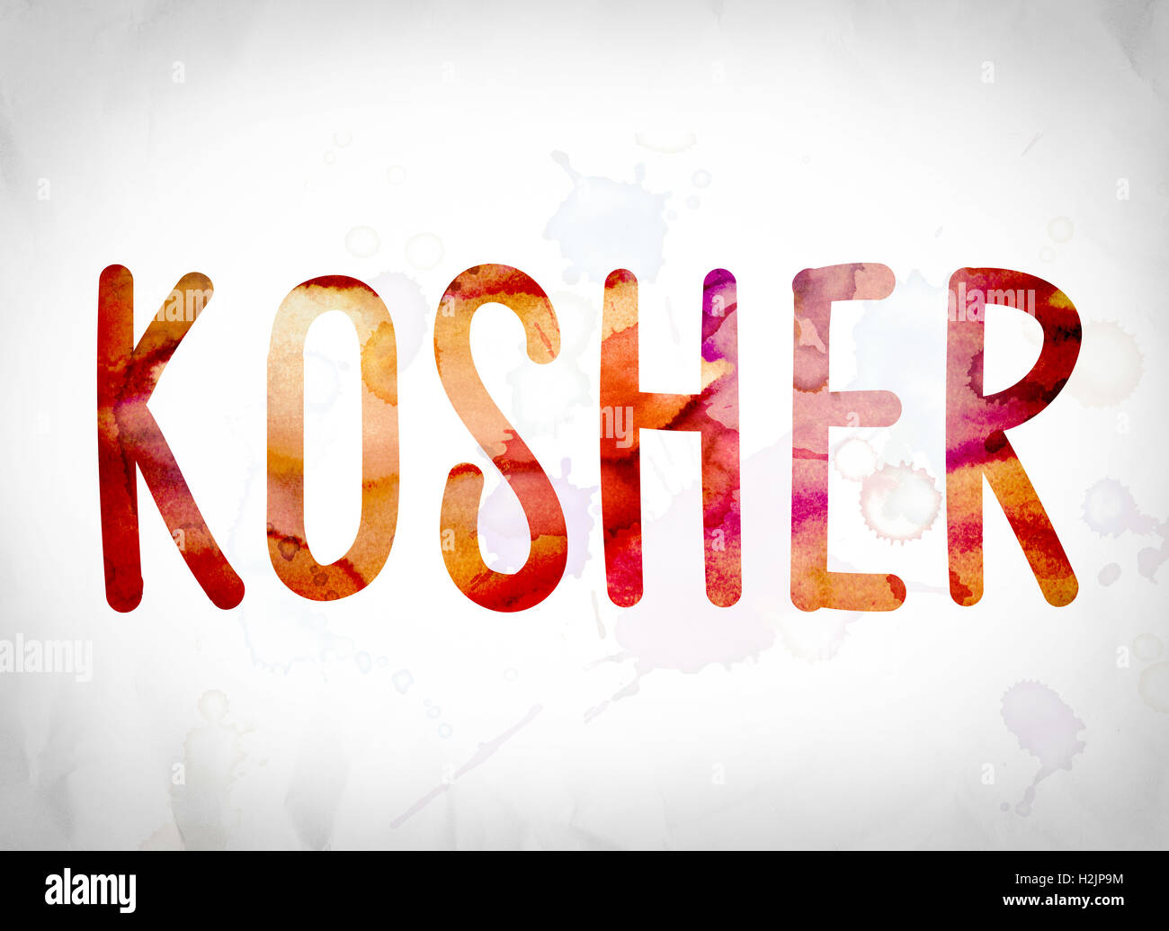 The word "Kosher" written in watercolor washes over a white paper ...