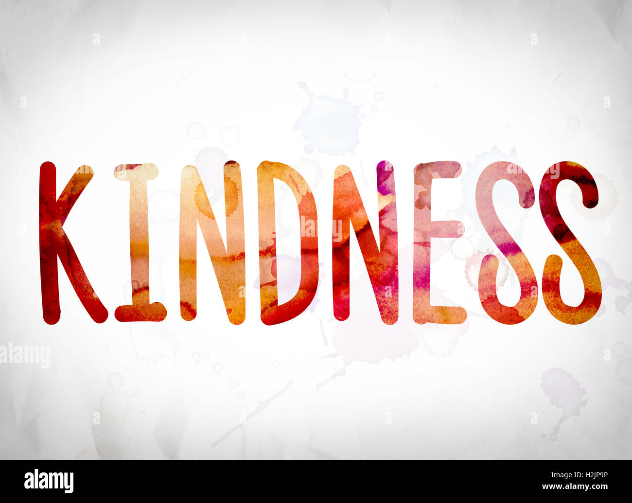 The word "Kindness" written in watercolor washes over a white paper ...