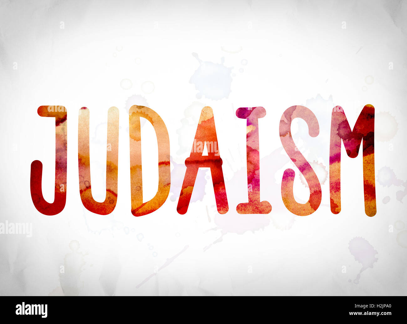 The word "Judaism" written in watercolor washes over a white paper ...