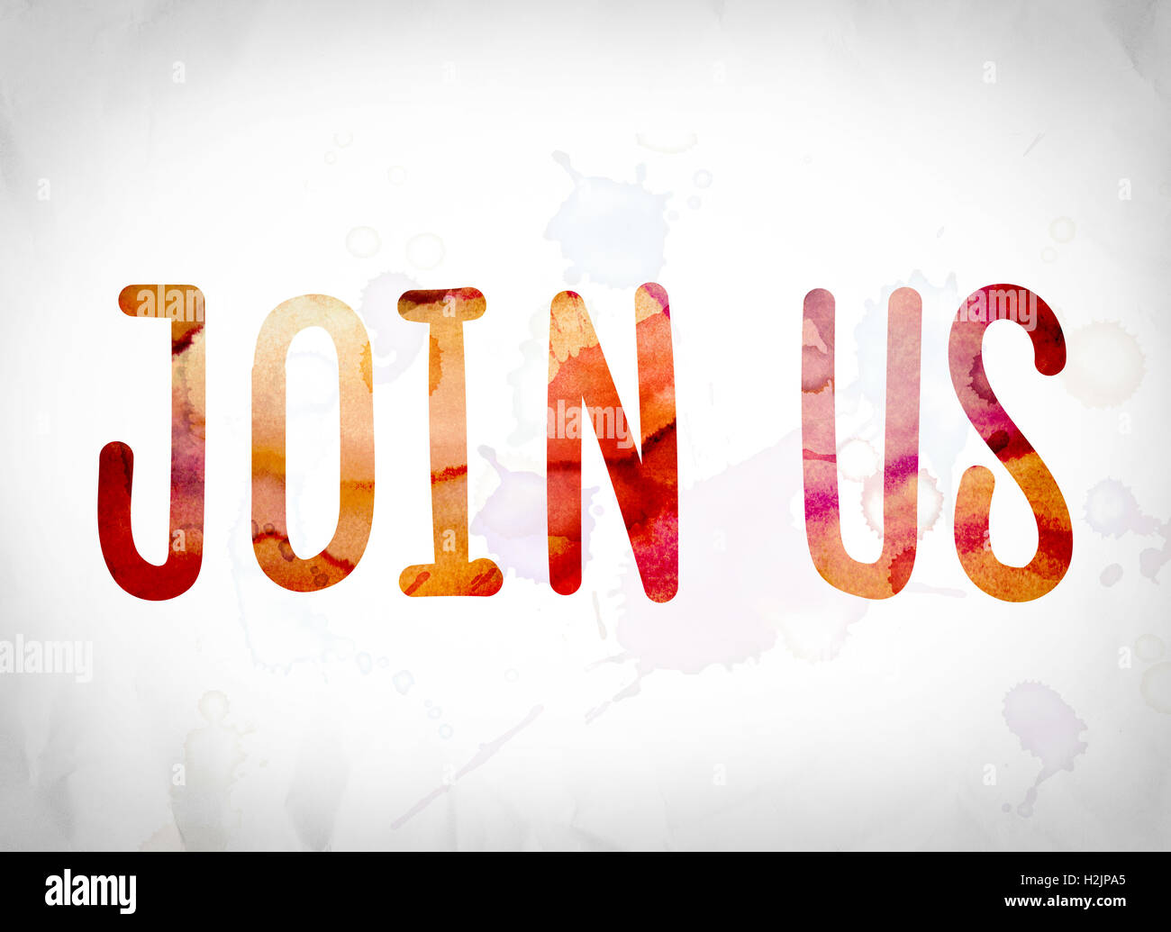 The word "Join Us" written in watercolor washes over a white paper ...