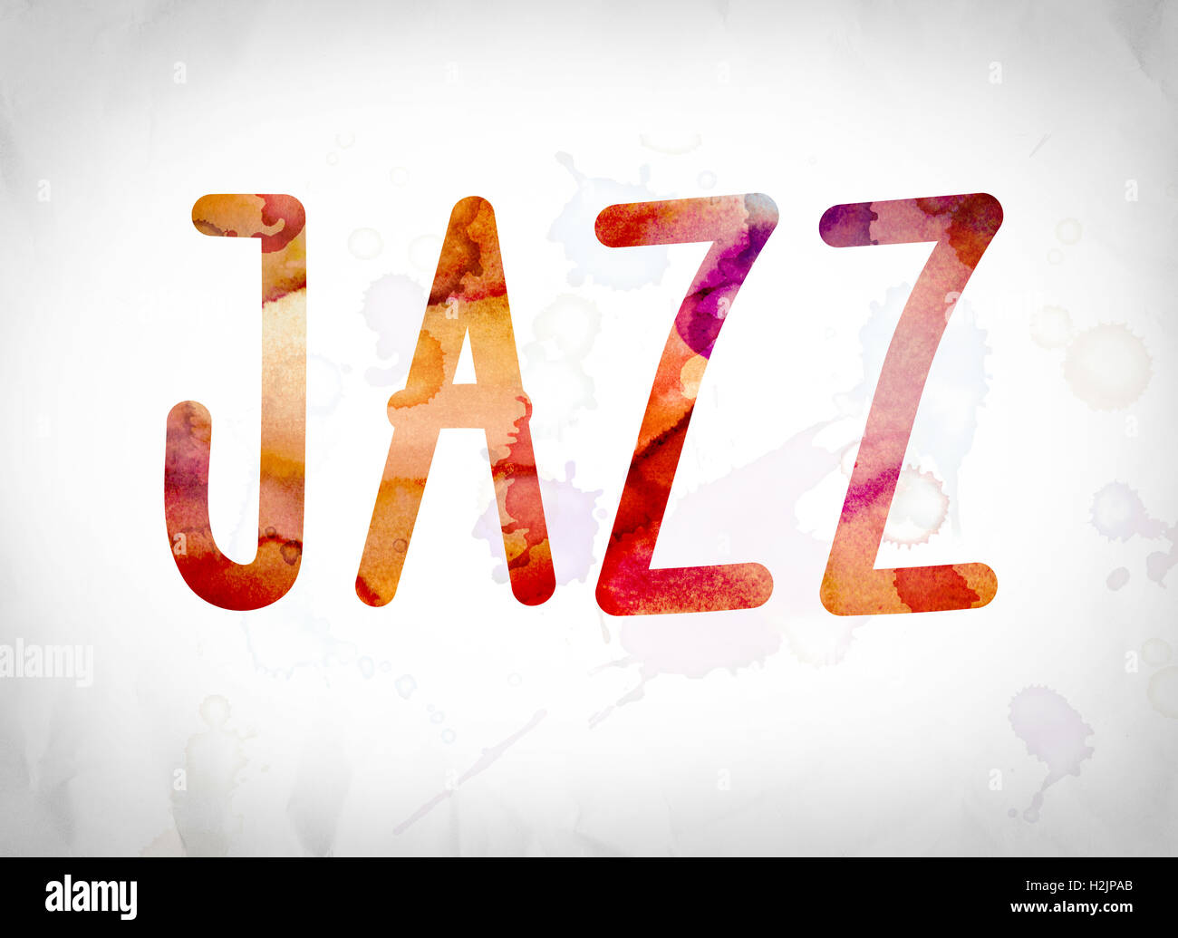 The word "Jazz" written in watercolor washes over a white paper ...