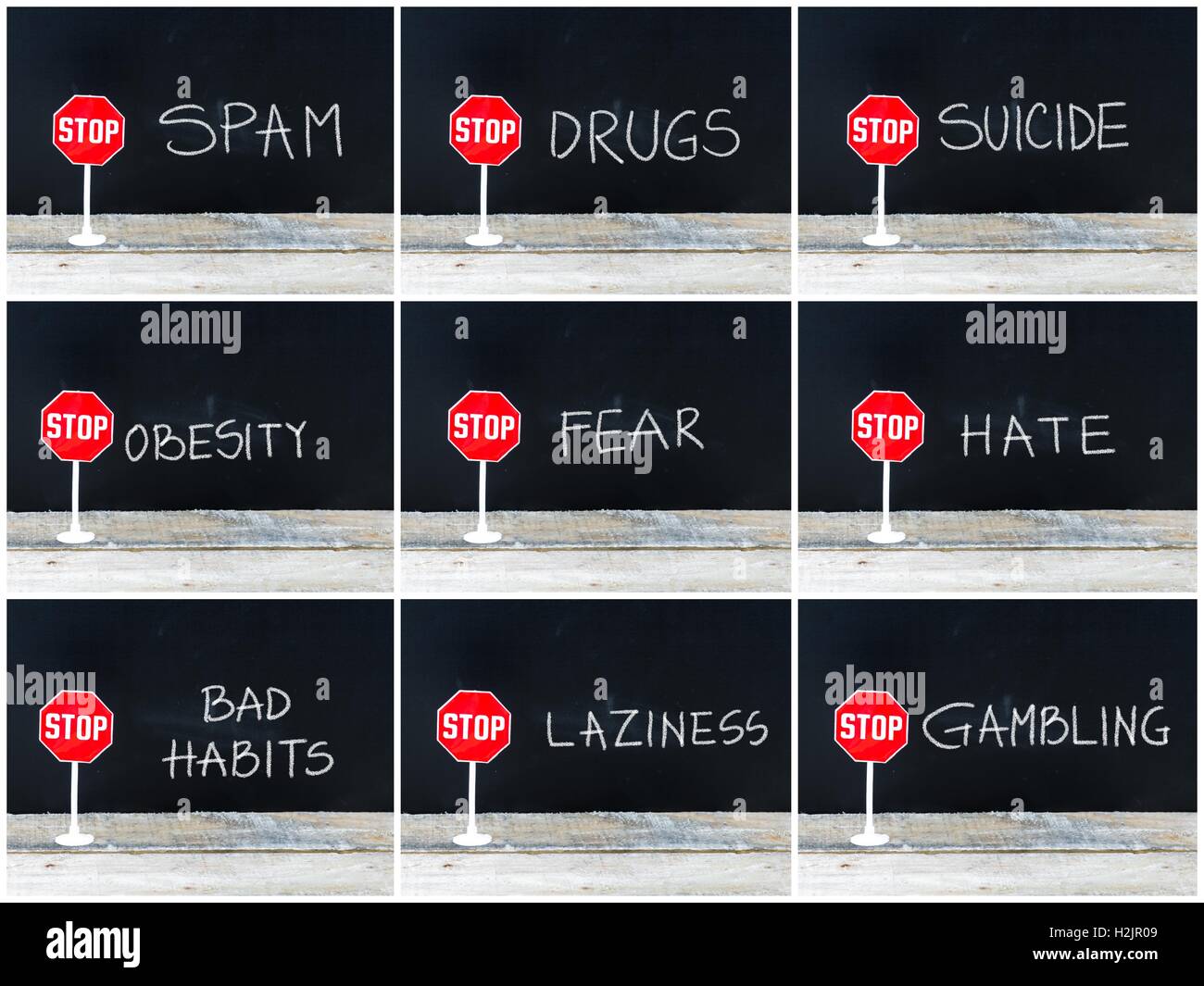 Photo collage of STOP messages written on chalkboard. Mini STOP sign ...