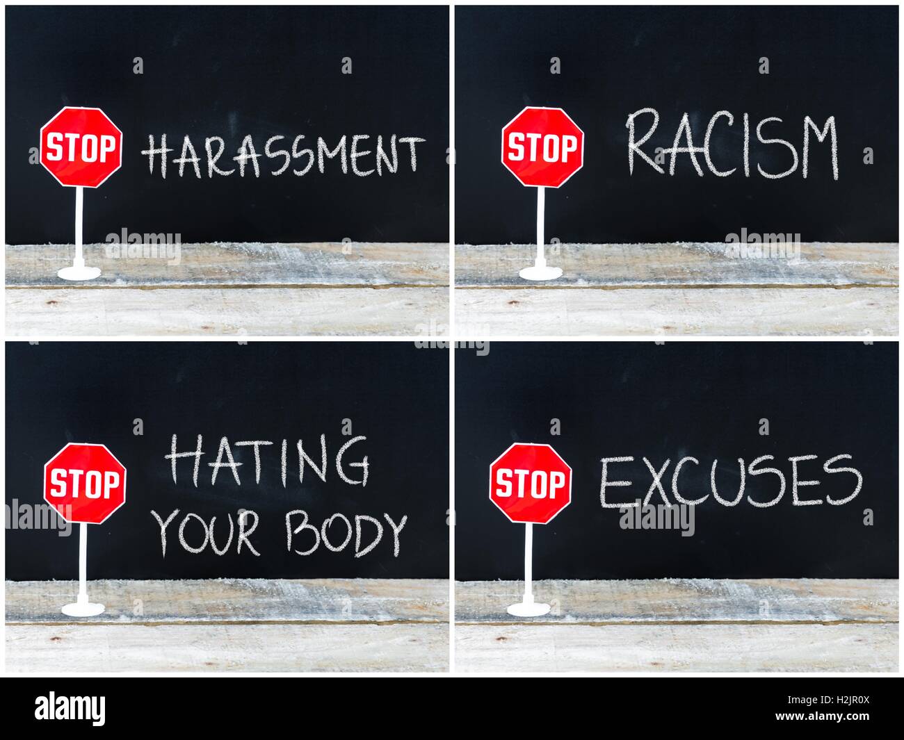 Photo collage of STOP messages written on chalkboard. Mini STOP sign ...