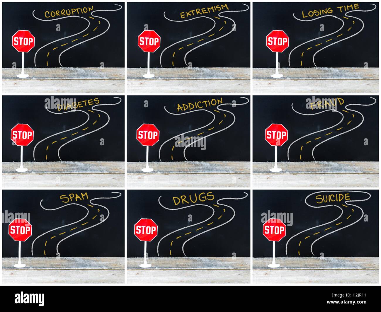 Photo collage of STOP signs on the road to CORRUPTION, EXTREMISM ...