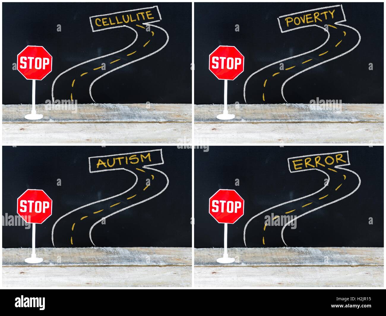 Photo collage of STOP signs on the road to CELLULITE, POVERTY, AUTISM ...