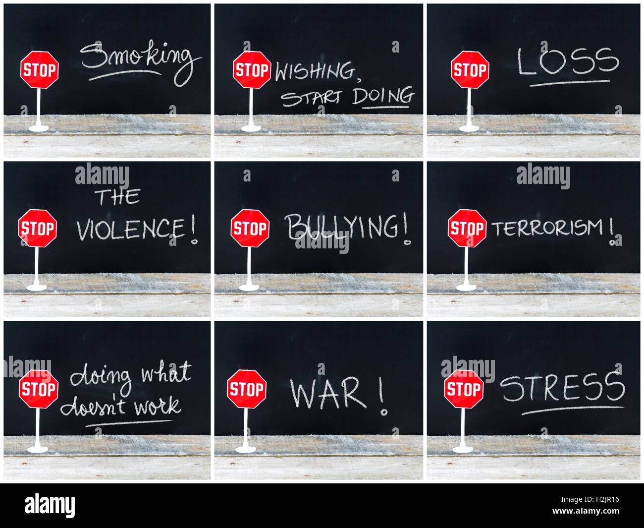Photo collage of STOP messages written on chalkboard. Mini STOP sign ...